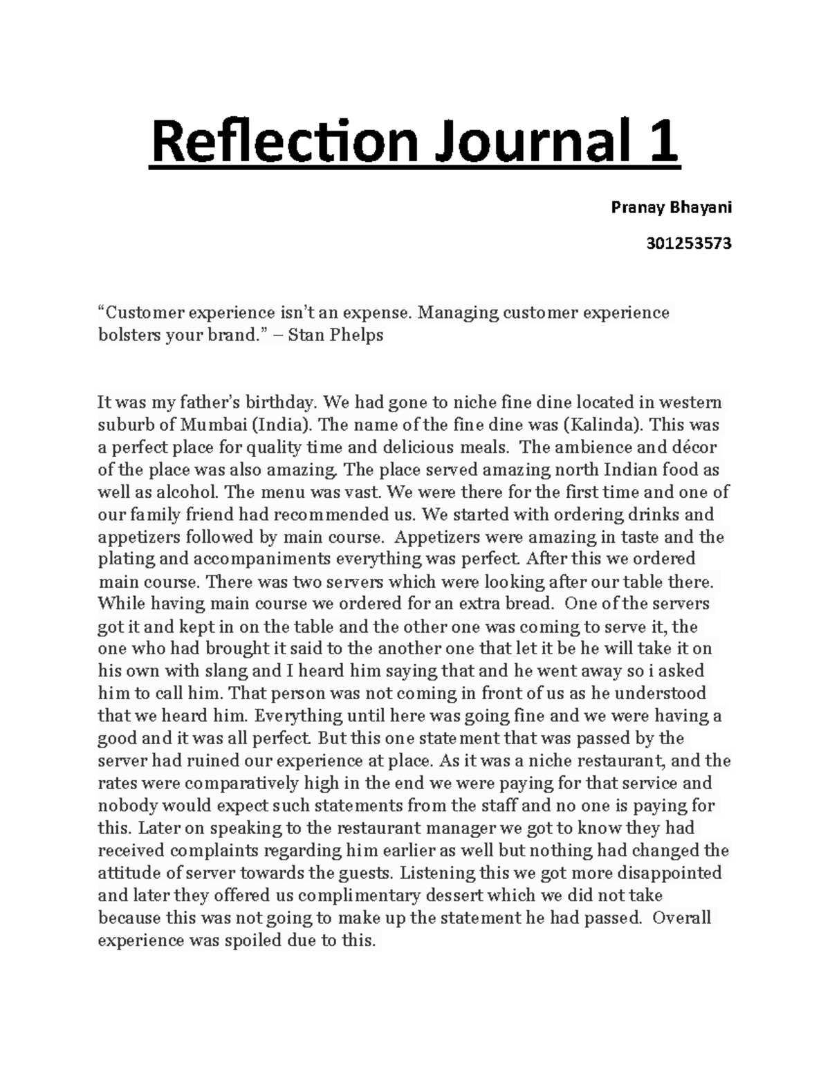 Reflection Journal 1 - very helpful - Reflection Journal 1 Pranay ...