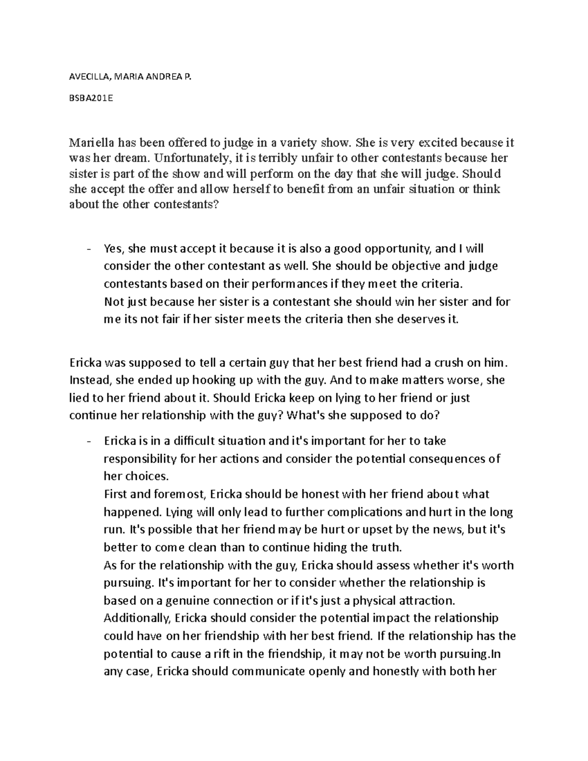 Avecilla Ethics - AVECILLA, MARIA ANDREA P. BSBA201E Mariella has been ...
