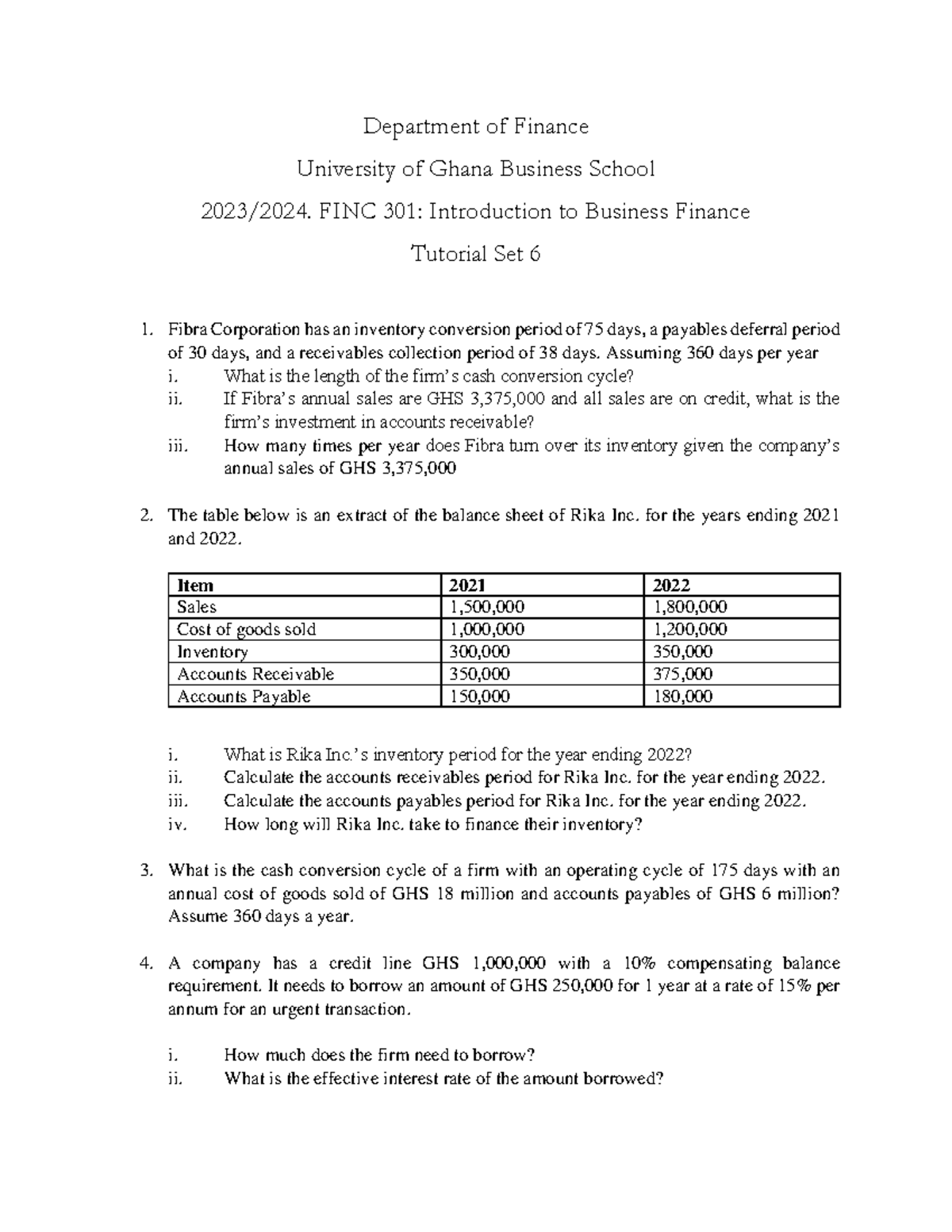 Business finance - Department of Finance University of Ghana Business School 2023/2024. FINC 301 ...