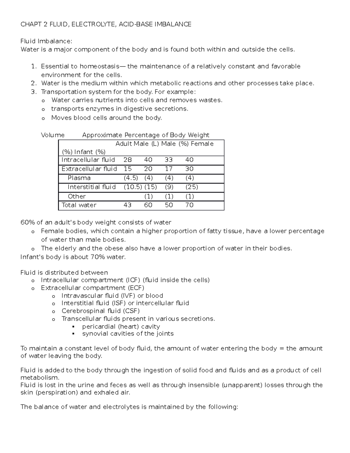 Chapt 2 Fluid - CHAPT 2 FLUID, ELECTROLYTE, ACID-BASE IMBALANCE Fluid ...