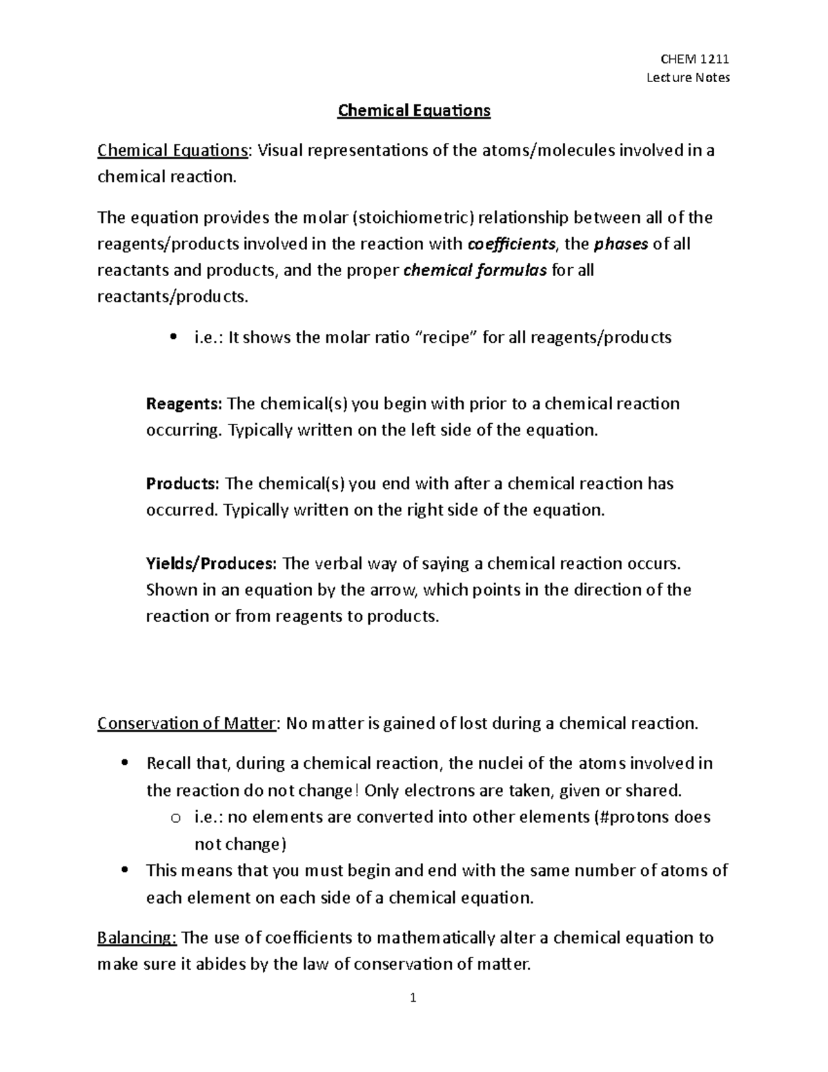 2021-CHEM-1211-Principles-of-Chem-I-Lecture-Notes-Chemical Equations-3B ...