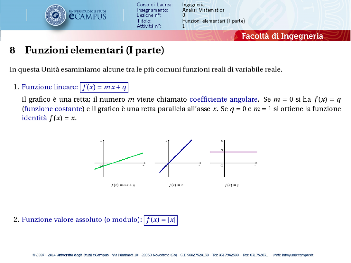 08-funzioni elementari 1 - Corso di Laurea: Insegnamento: Lezione n° : Titolo: Attività n° : I ...