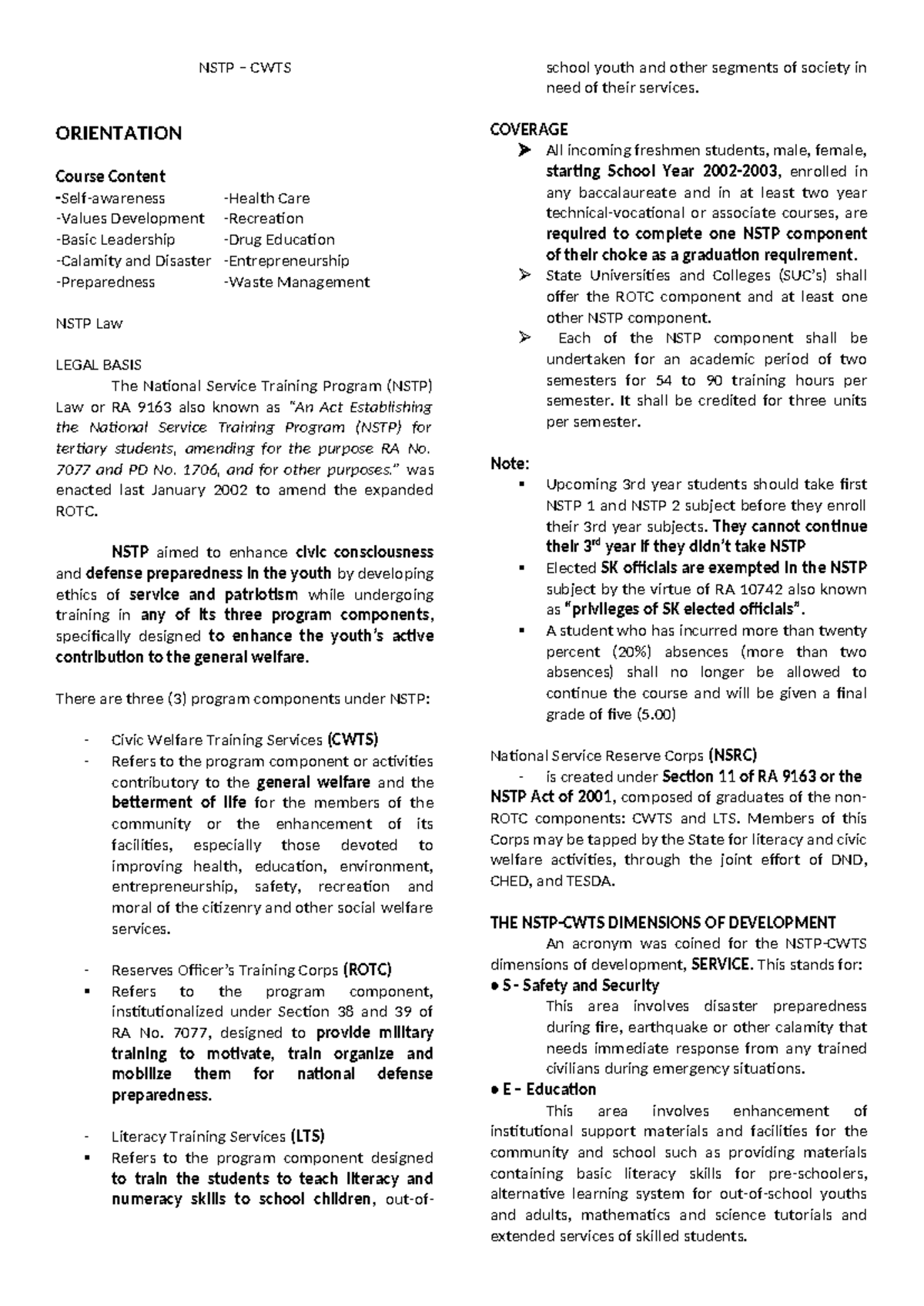 NSTP Reviewer - NSTP – CWTS ORIENTATION Course Content Self-awareness ...