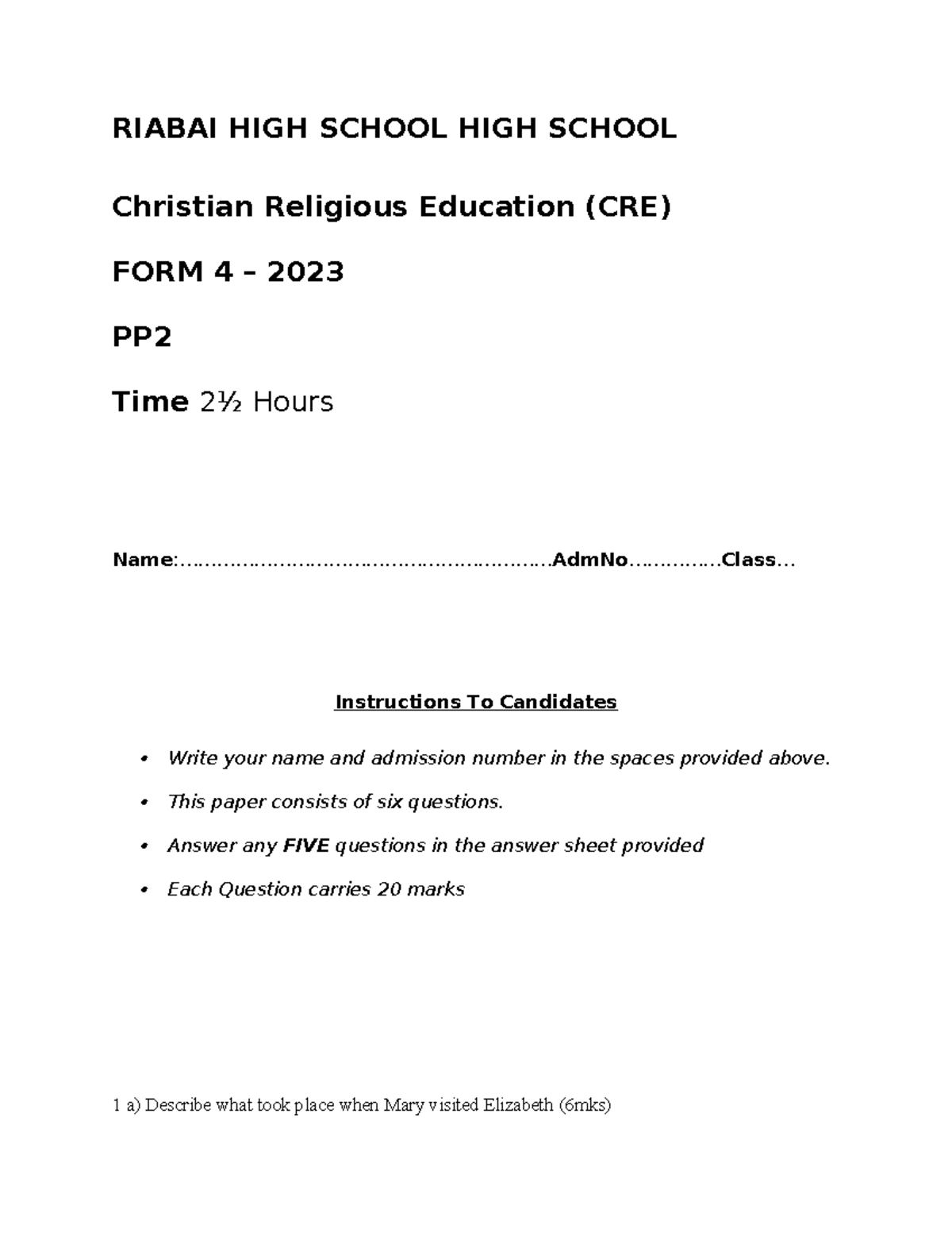 Cre form 4 - this is my upload - RIABAI HIGH SCHOOL HIGH SCHOOL ...