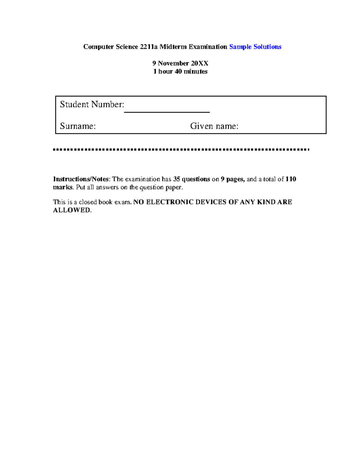 2211a Midt Nov 20xx Solutions - Computer Science 2211a Midterm Examination Sample Solutions 9 ...