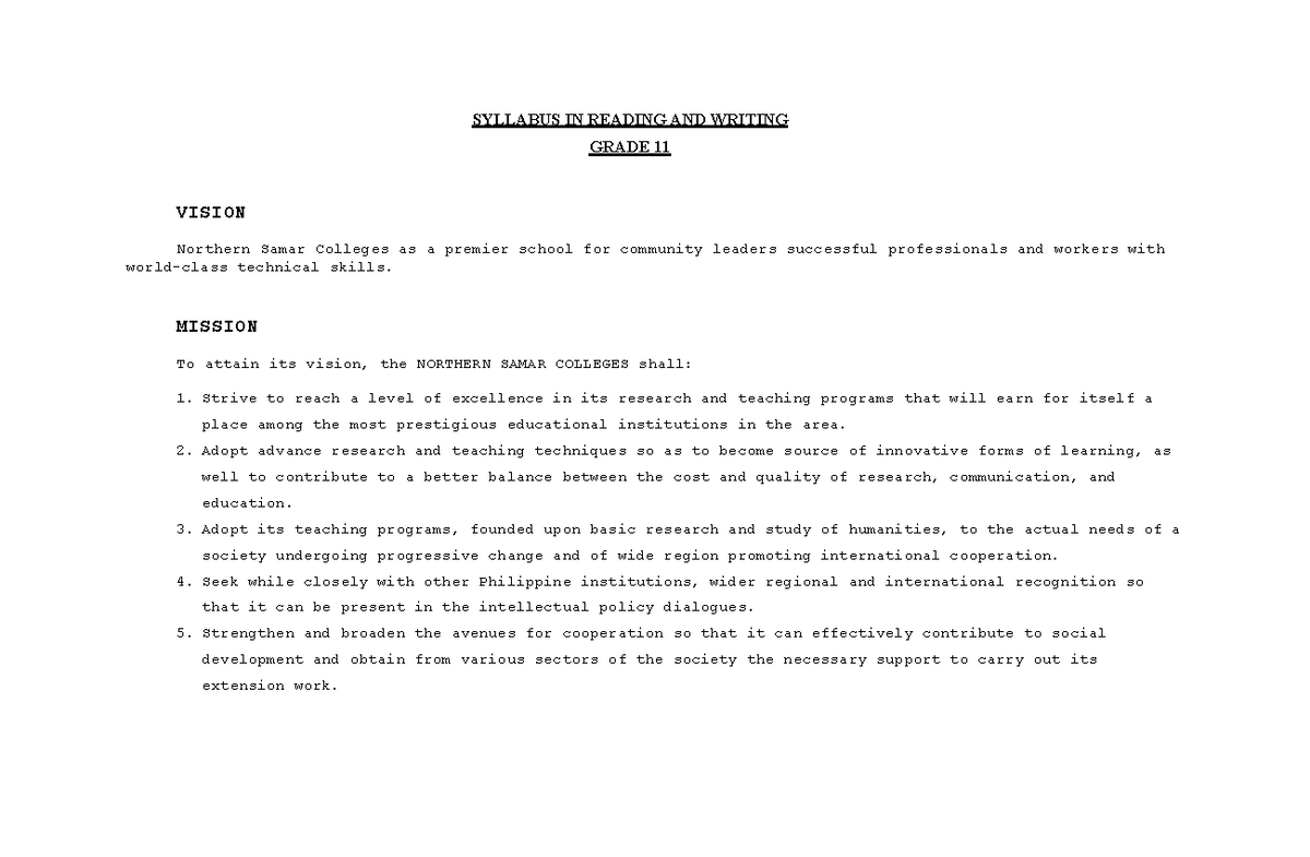 Syllabus IN Reading AND Writing - SYLLABUS IN READING AND WRITING GRADE ...