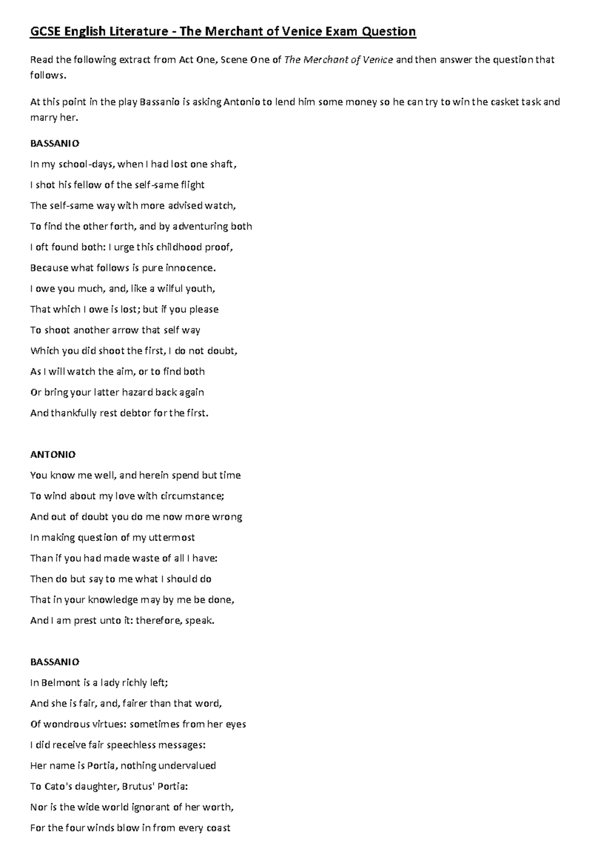 Merchant of Venice Past Paper - GCSE English Literature - The Merchant of Venice Exam Question ...