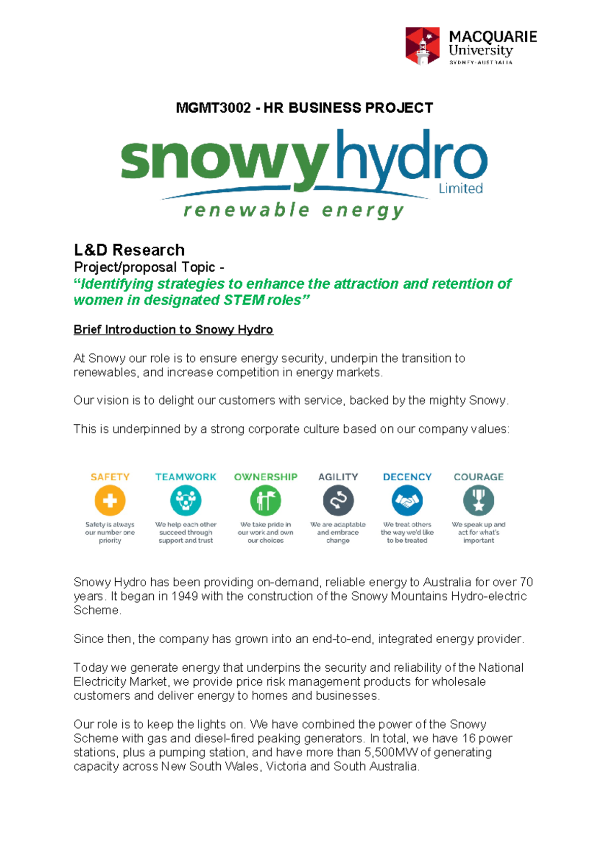 HR Project 2024 Snowy Hydro Final - MGMT3002 - HR BUSINESS PROJECT L&D ...