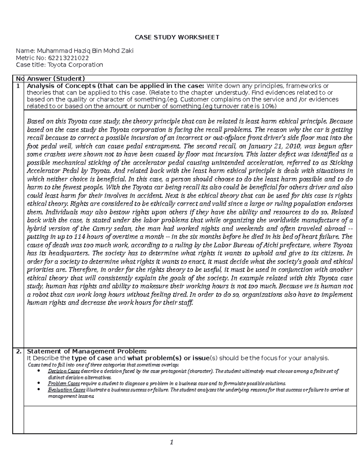 Group 5 Toyota Case study - CASE STUDY WORKSHEET Name: Muhammad Haziq ...