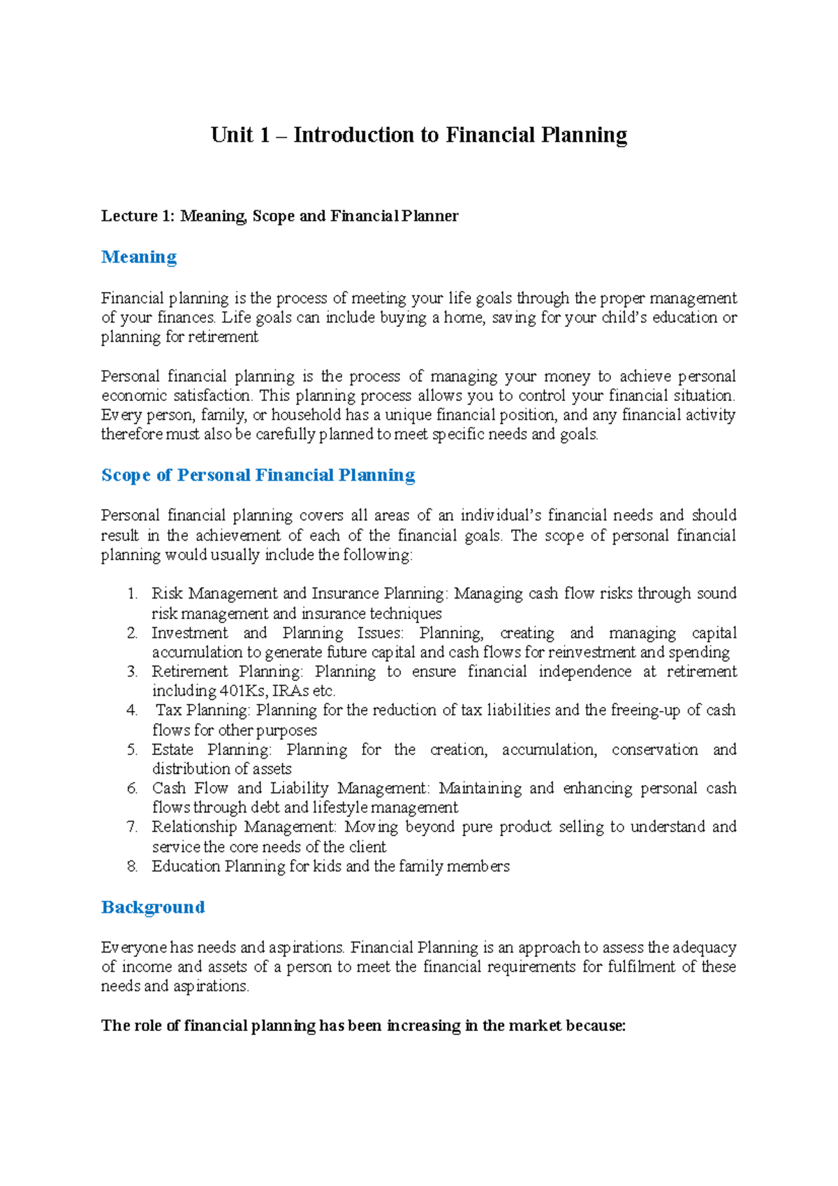 Lecture 1 - Wealth - Unit 1 – Introduction to Financial Planning ...