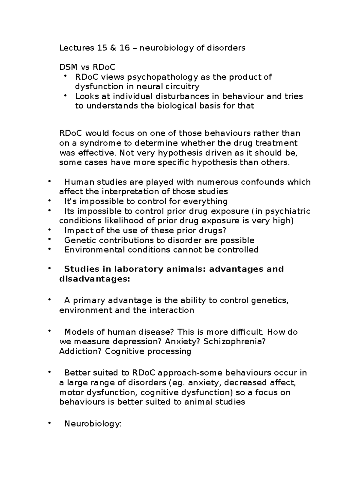 Neurobiology of disorders - Lectures 15 & 16 – neurobiology of ...