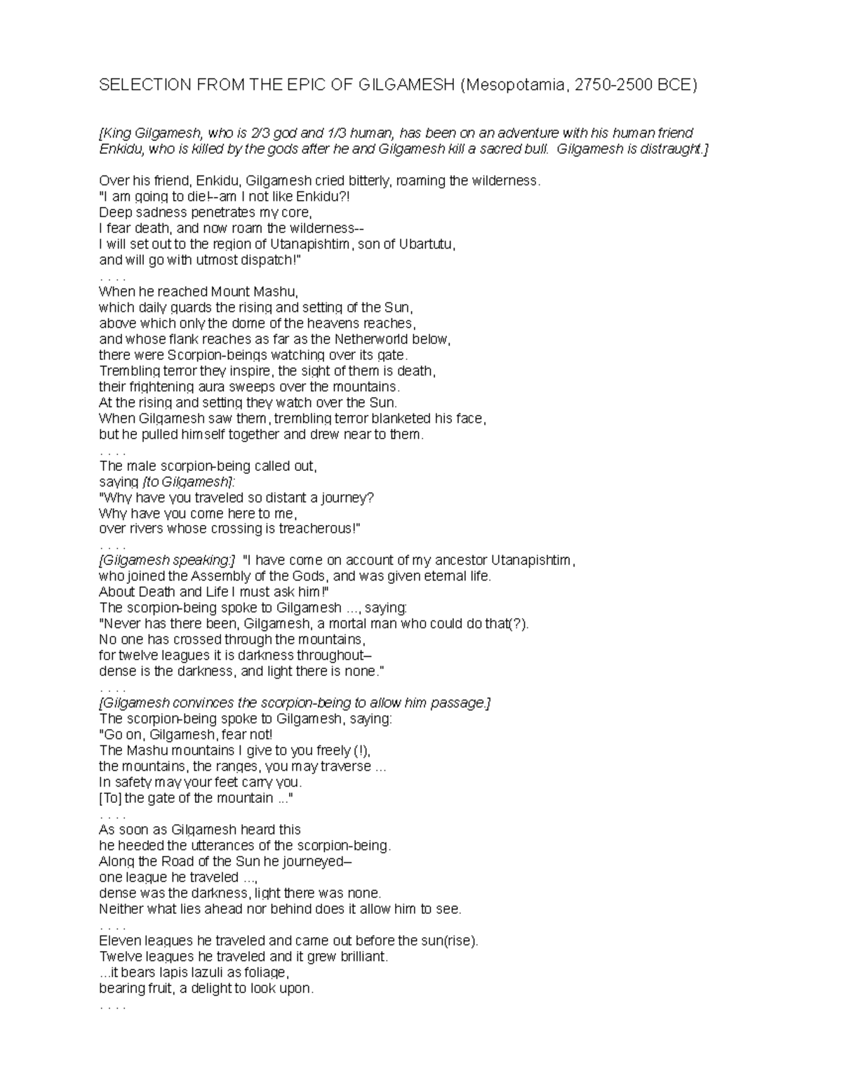 30 - Epic of Gilgamesh excerpt - SELECTION FROM THE EPIC OF GILGAMESH ...
