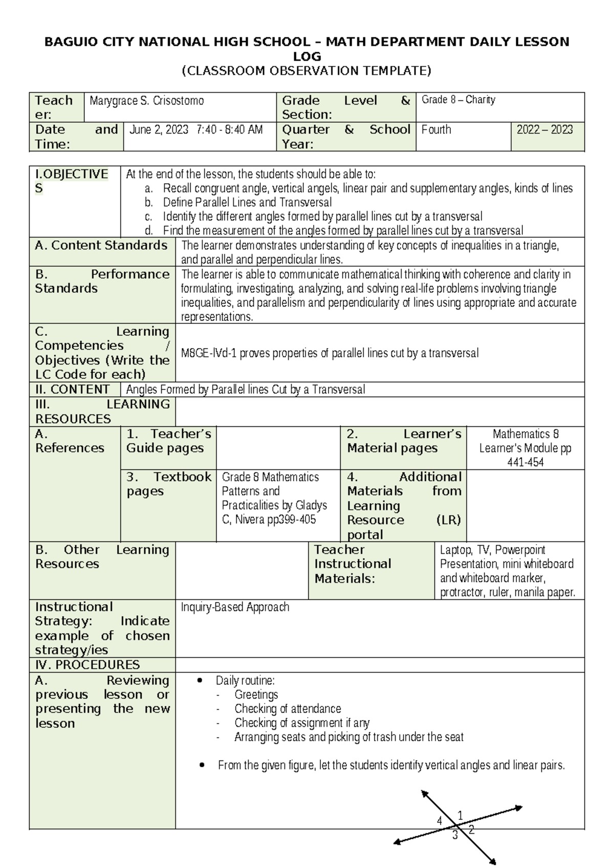 Dll for cot parallel lines cut by a transversal g8 - BAGUIO CITY ...