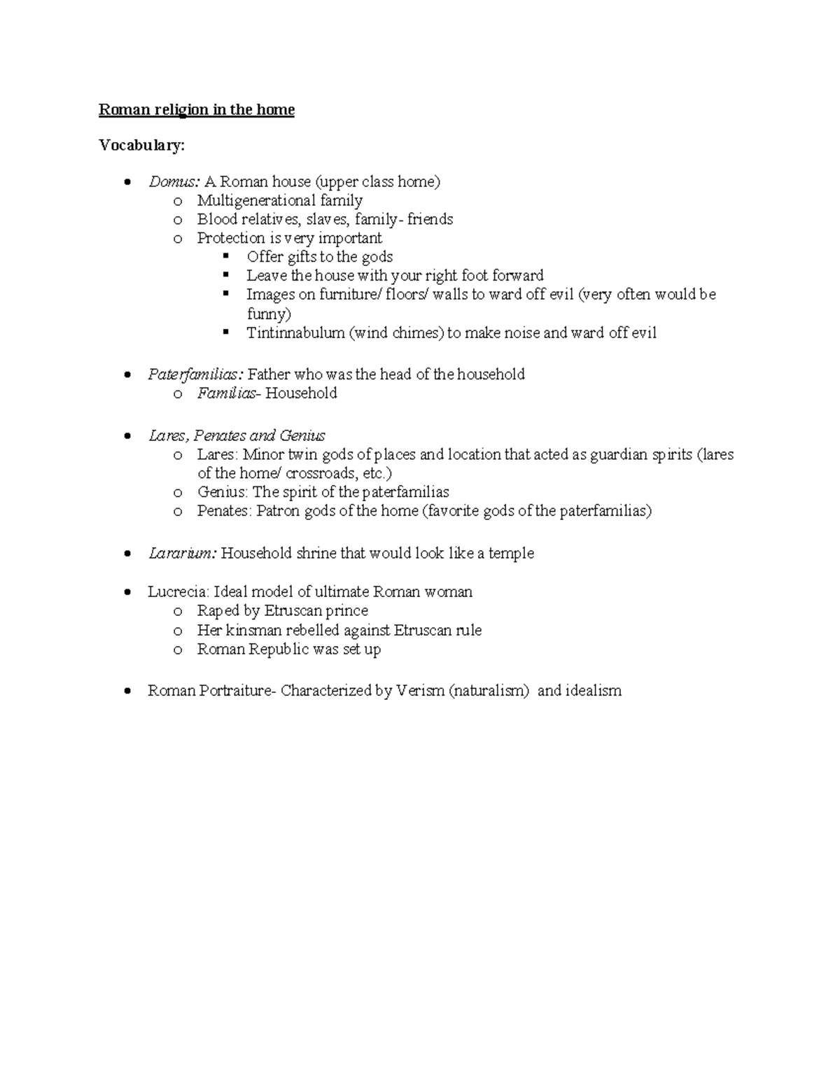 Outline for Quiz 3 - Roman religion in the home Vocabulary: Domus: A ...