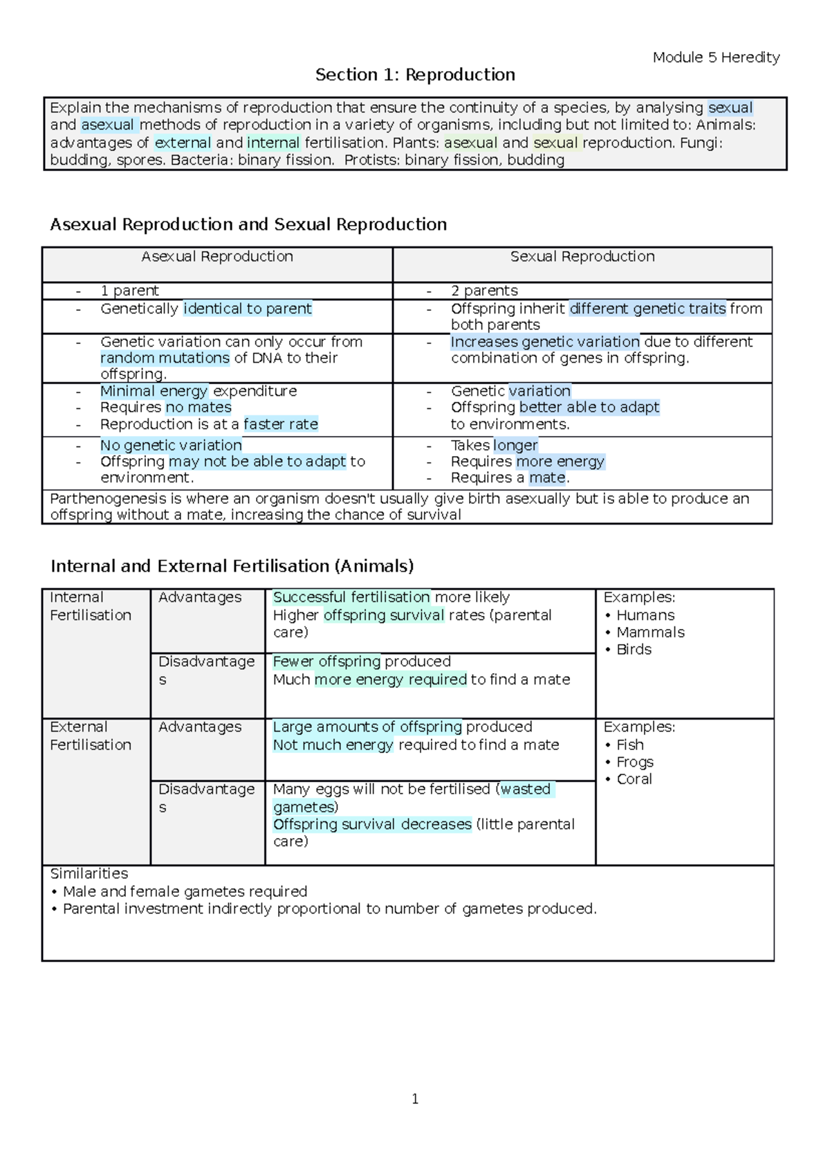 HSC Biology Module 5 - band 6 quality - Section 1: Reproduction Explain ...