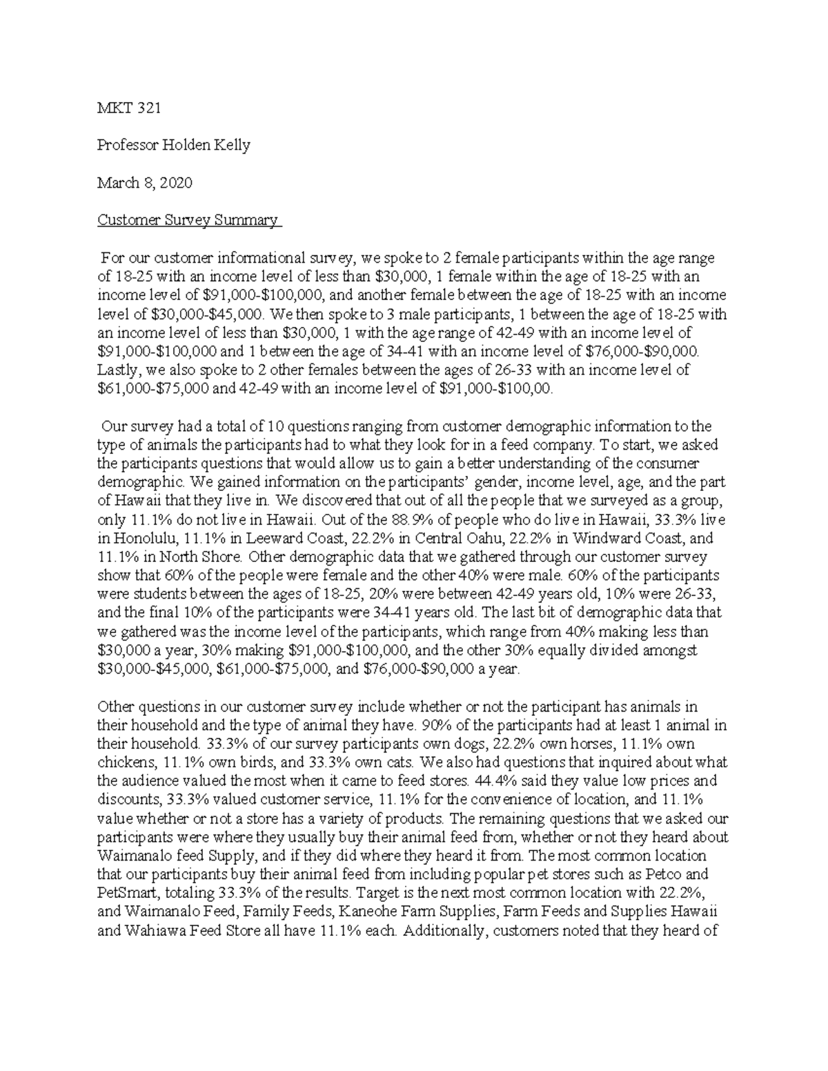 Customer Interview Report sample 2 - MKT 321 Professor Holden Kelly ...