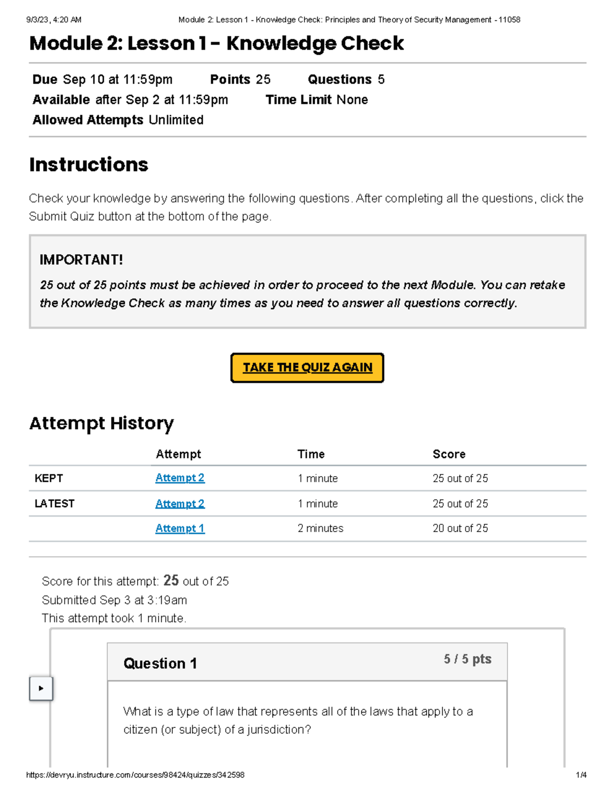 Module 2 Lesson 1 - Knowledge Check Principles and Theory of Security Management - 25 25 ...