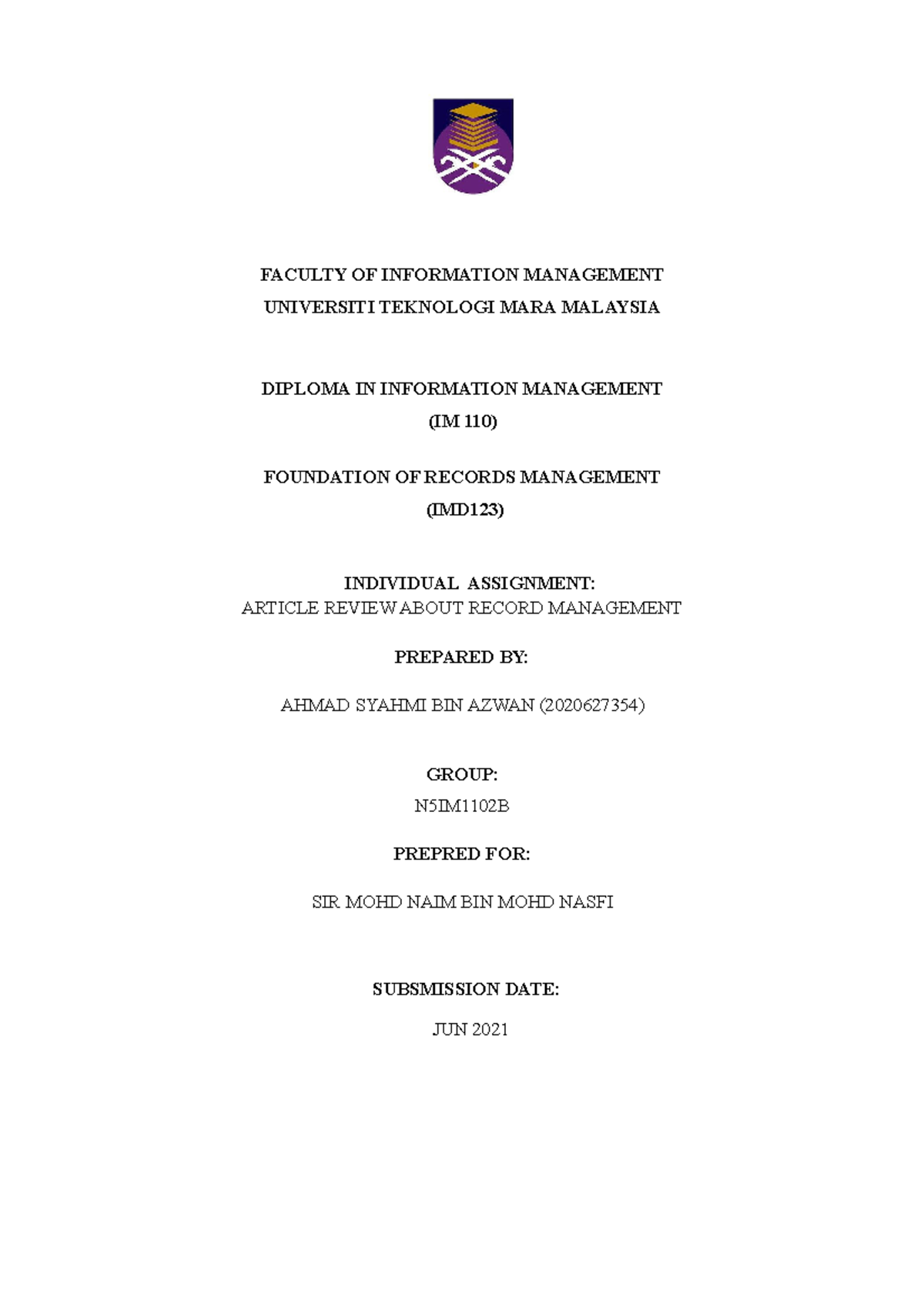 Faculty OF Information Management IMD123 - FACULTY OF INFORMATION MANAGEMENT UNIVERSITI ...