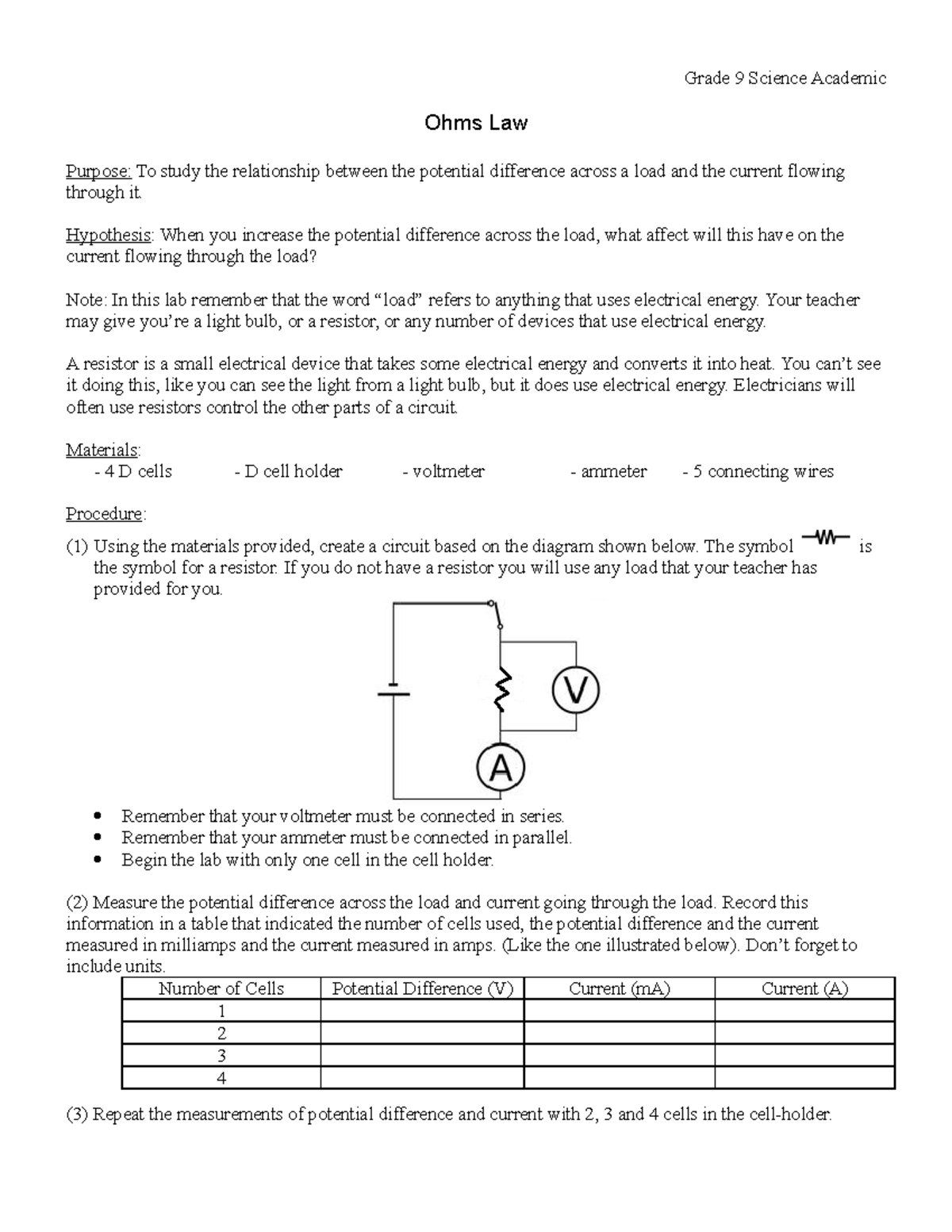07 Ohms Law Lab academic - Grade 9 Science Academic Ohms Law Purpose ...