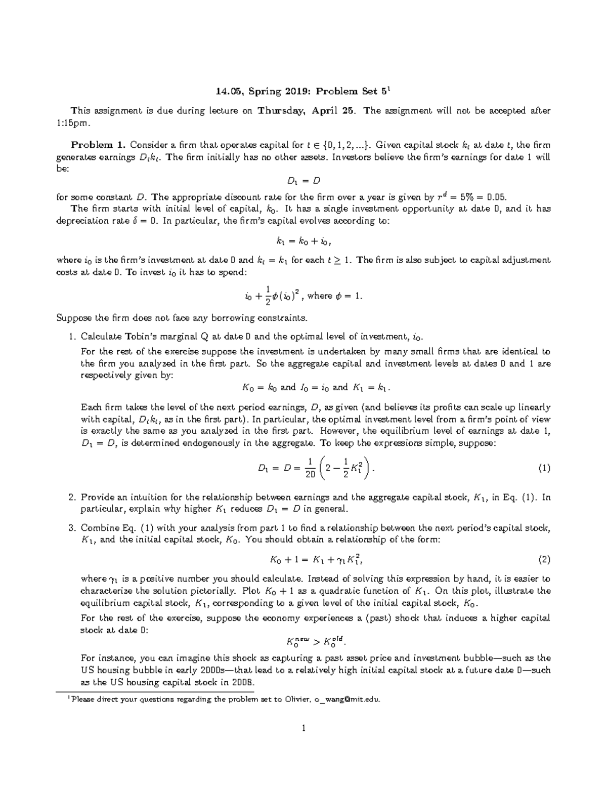 Pset5 2019 - problem set 5 - 14, Spring 2019: Problem Set 5 1 This assignment is due during ...