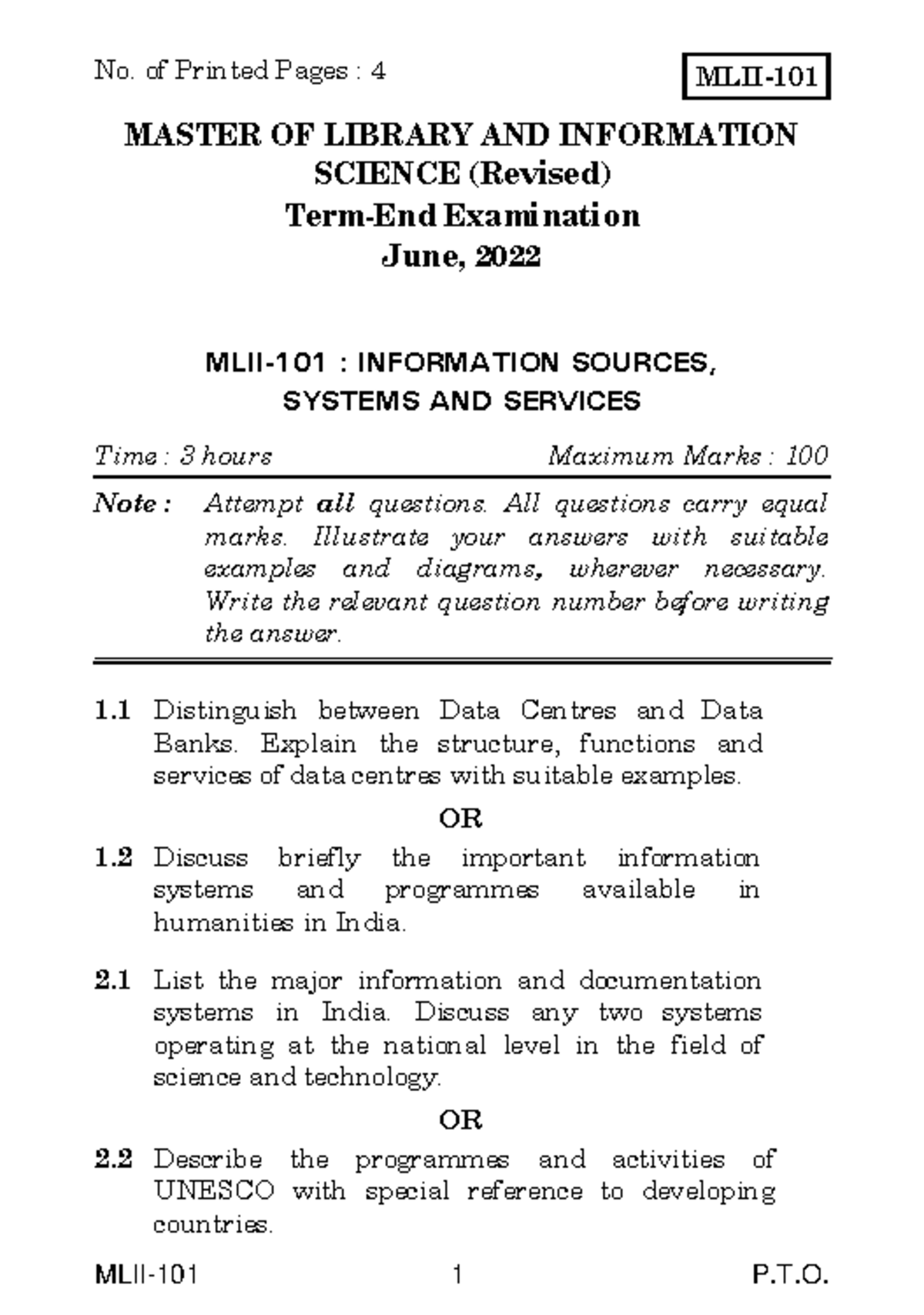 MLII-101 - T. MLII- MASTER OF LIBRARY AND INFORMATION SCIENCE (Revised) Term-End Examination ...