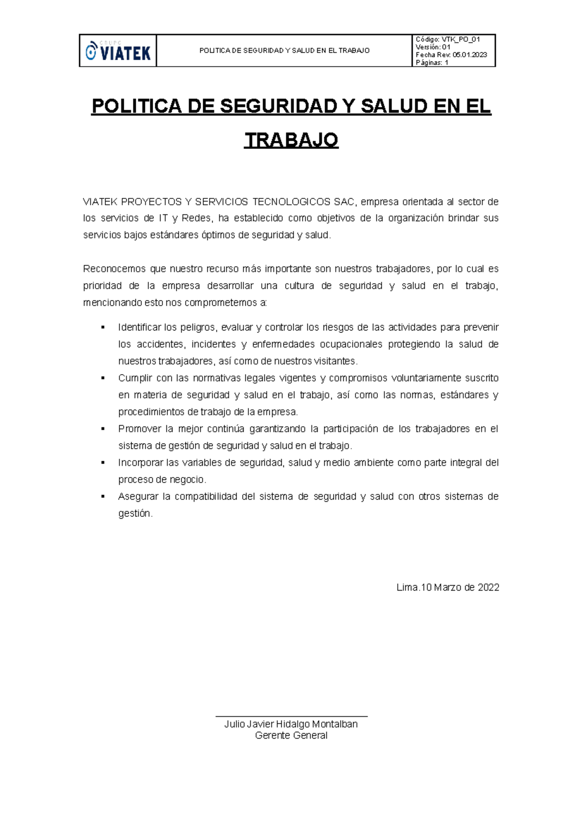 VTK PO 01 Política de Seguridad y Salud en el trabajo 2022 - POLITICA DE SEGURIDAD Y SALUD EN EL ...