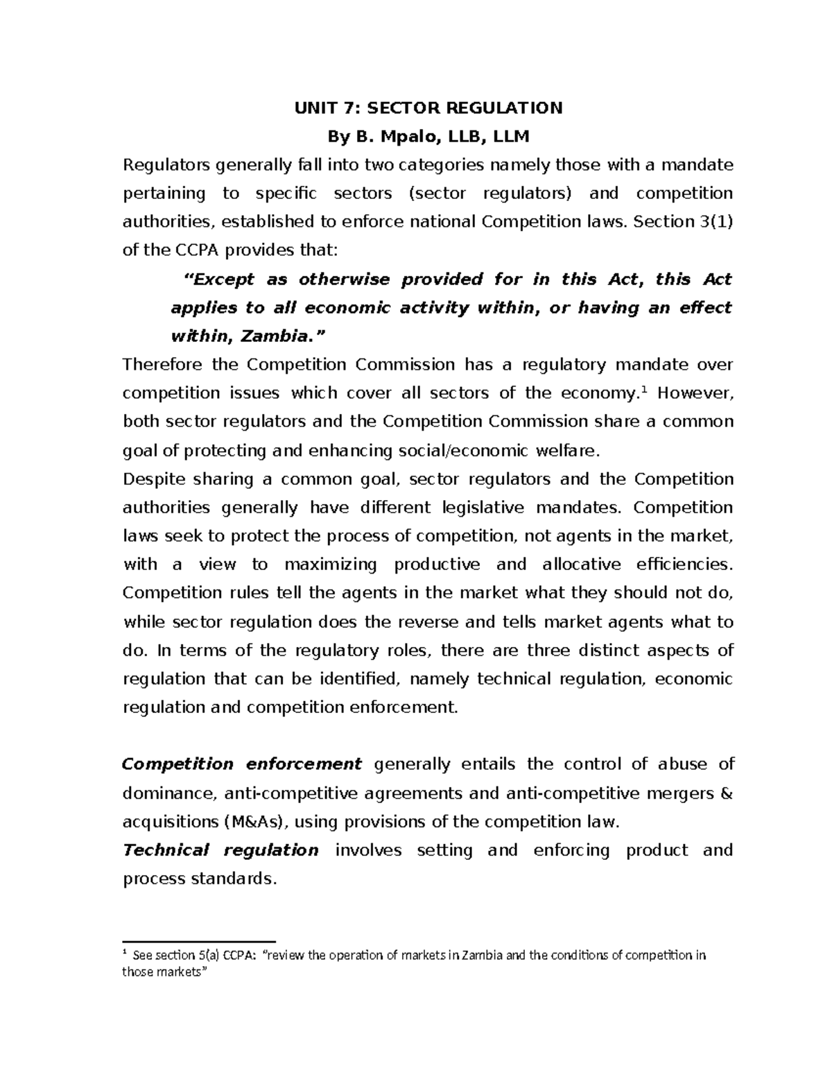 UNIT 7 Sector Regulation - UNIT 7: SECTOR REGULATION By B. Mpalo, LLB ...