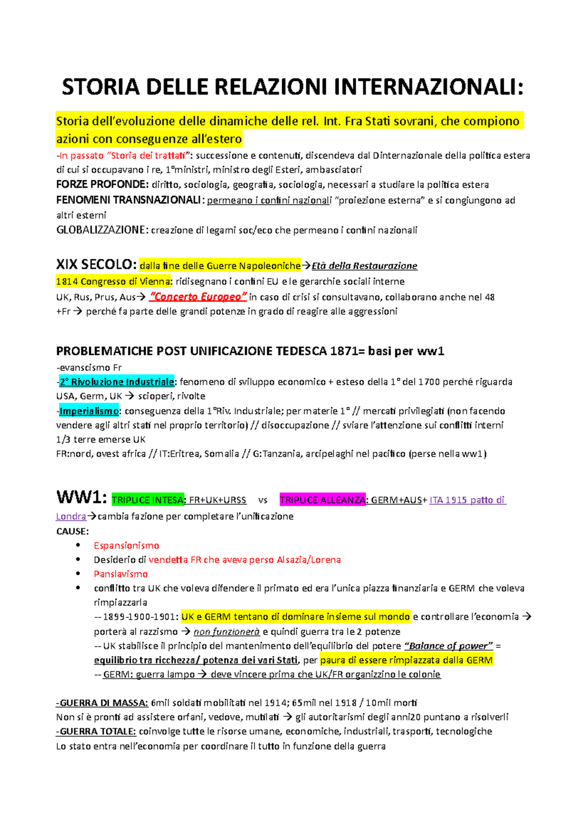 Storia Delle Relazioni Internazionali - STORIA DELLE RELAZIONI INTERNAZIONALI: Storia - Studocu