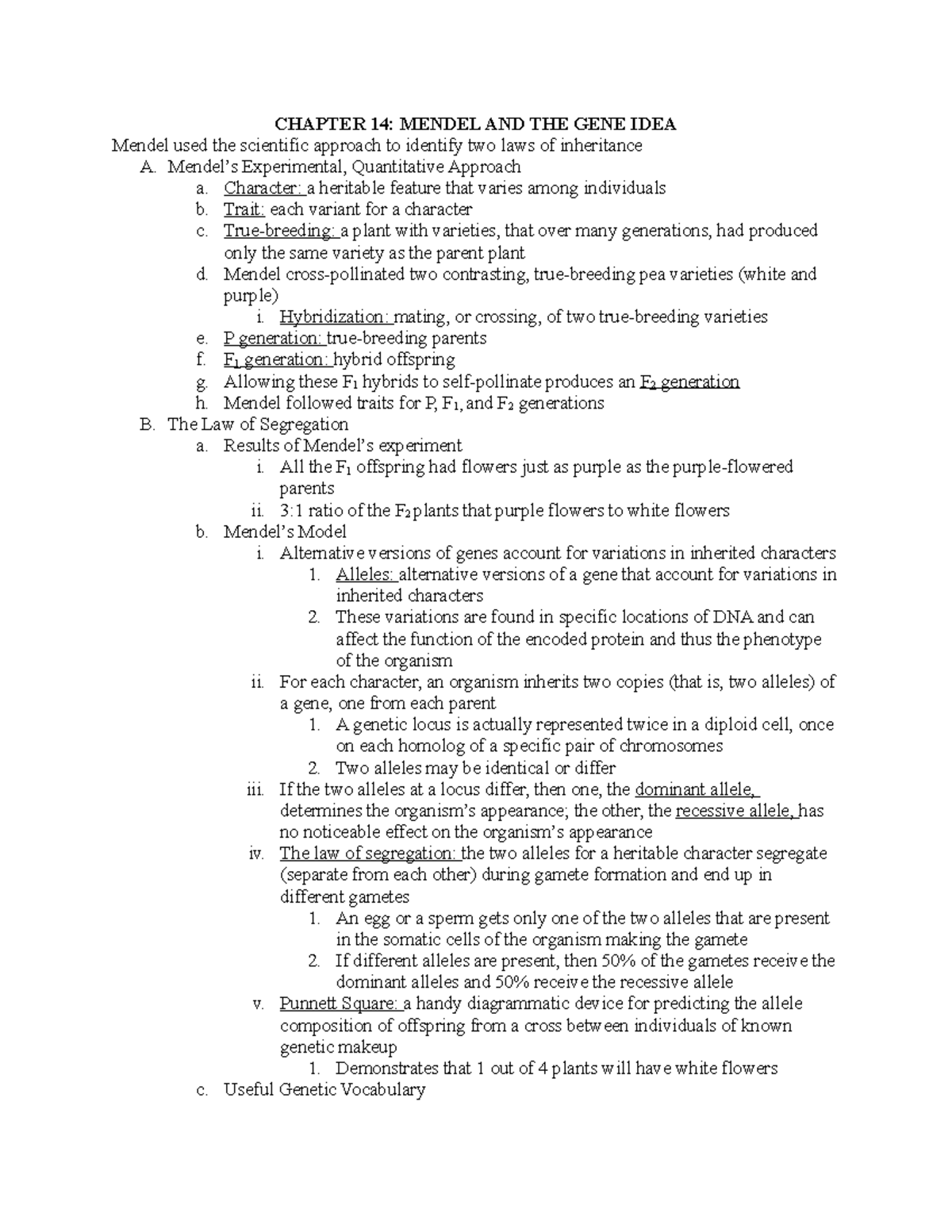 Chapter 14 Notes Bio - CHAPTER 14: MENDEL AND THE GENE IDEA Mendel used ...