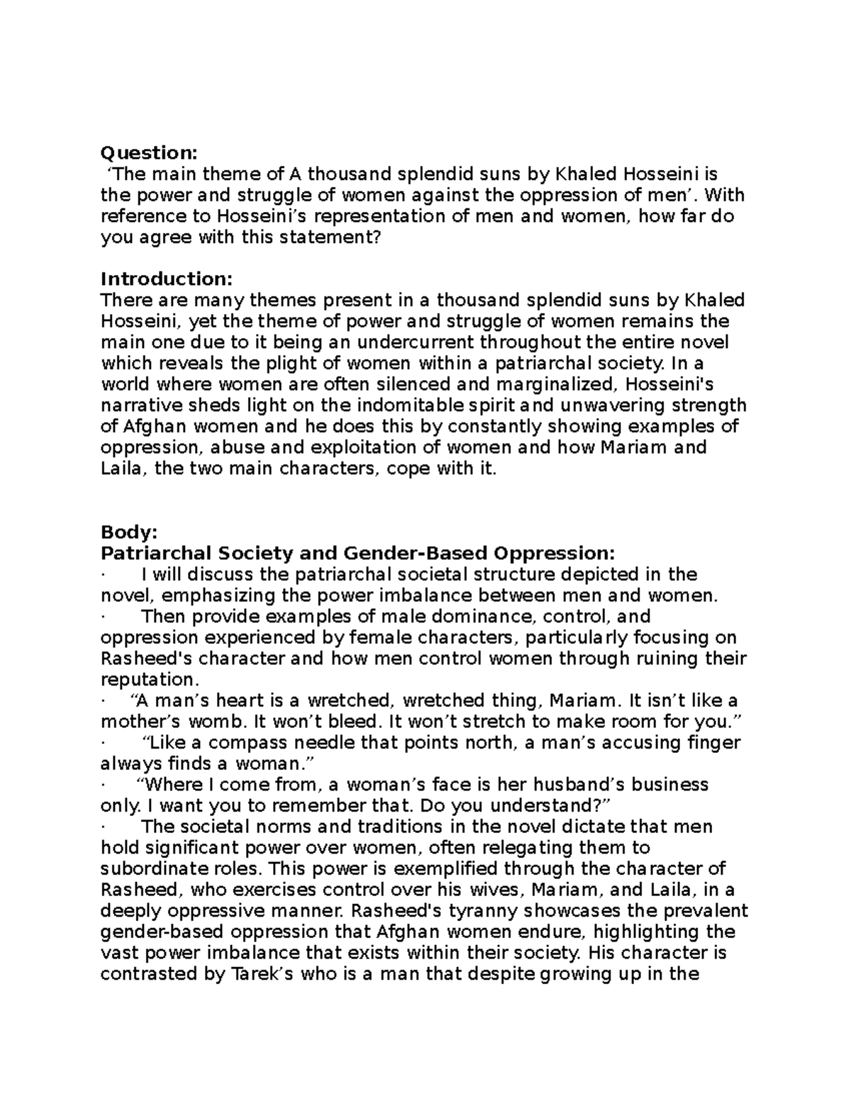 A thousand splendid suns plan - Question: ‘The main theme of A thousand ...