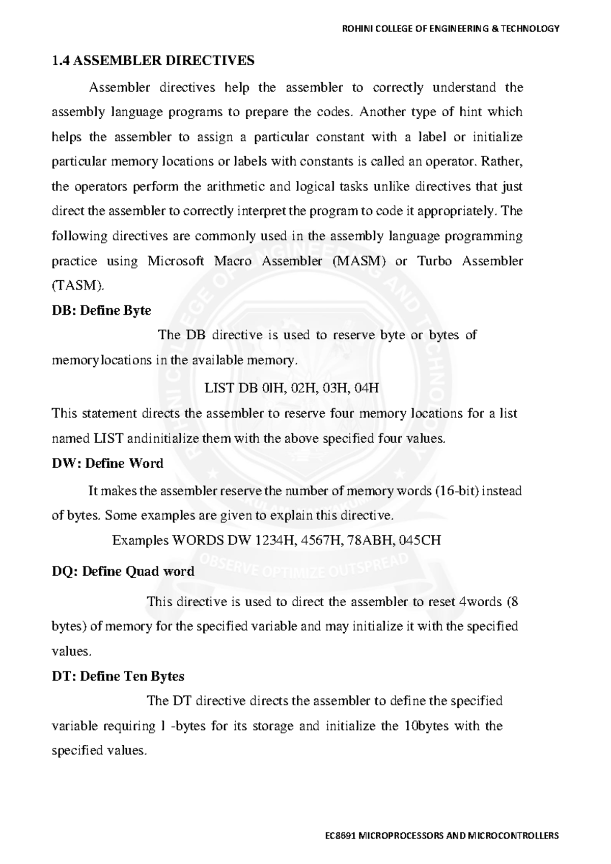 Rohini 17147082745 - Notes - 1 ASSEMBLER DIRECTIVES Assembler ...