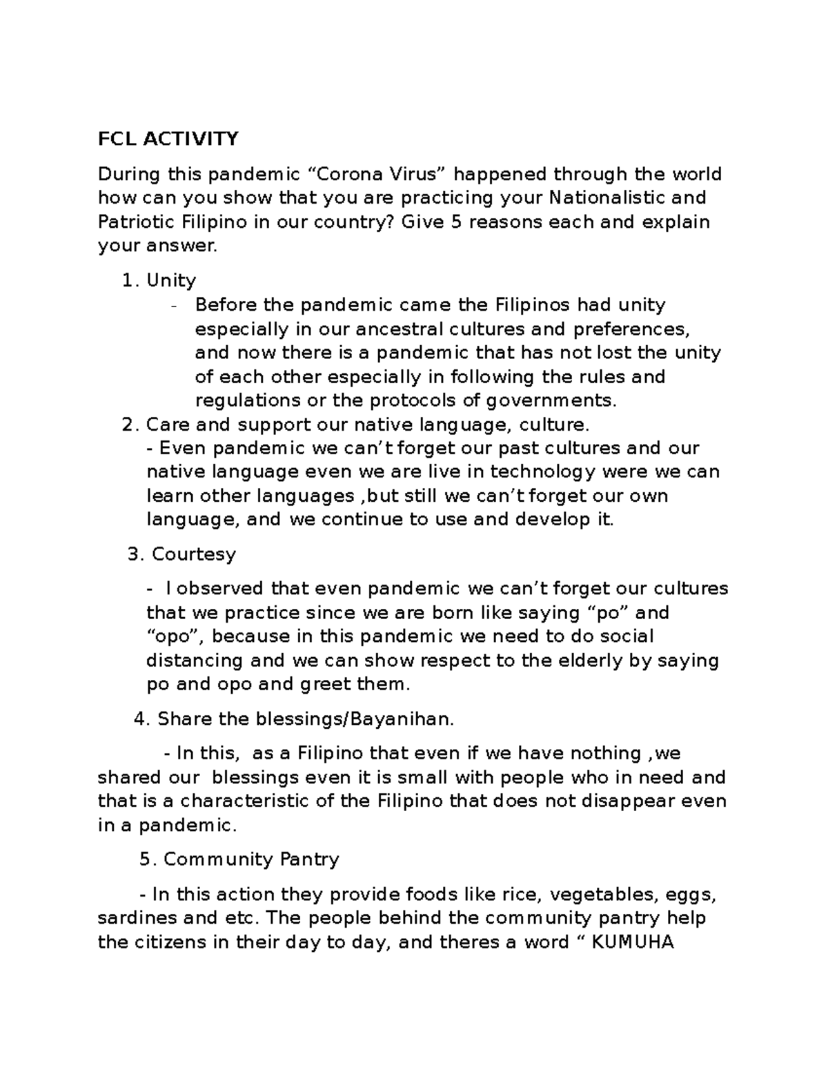 FCL Activity 2 - During this pandemic “Corona Virus” happened through ...