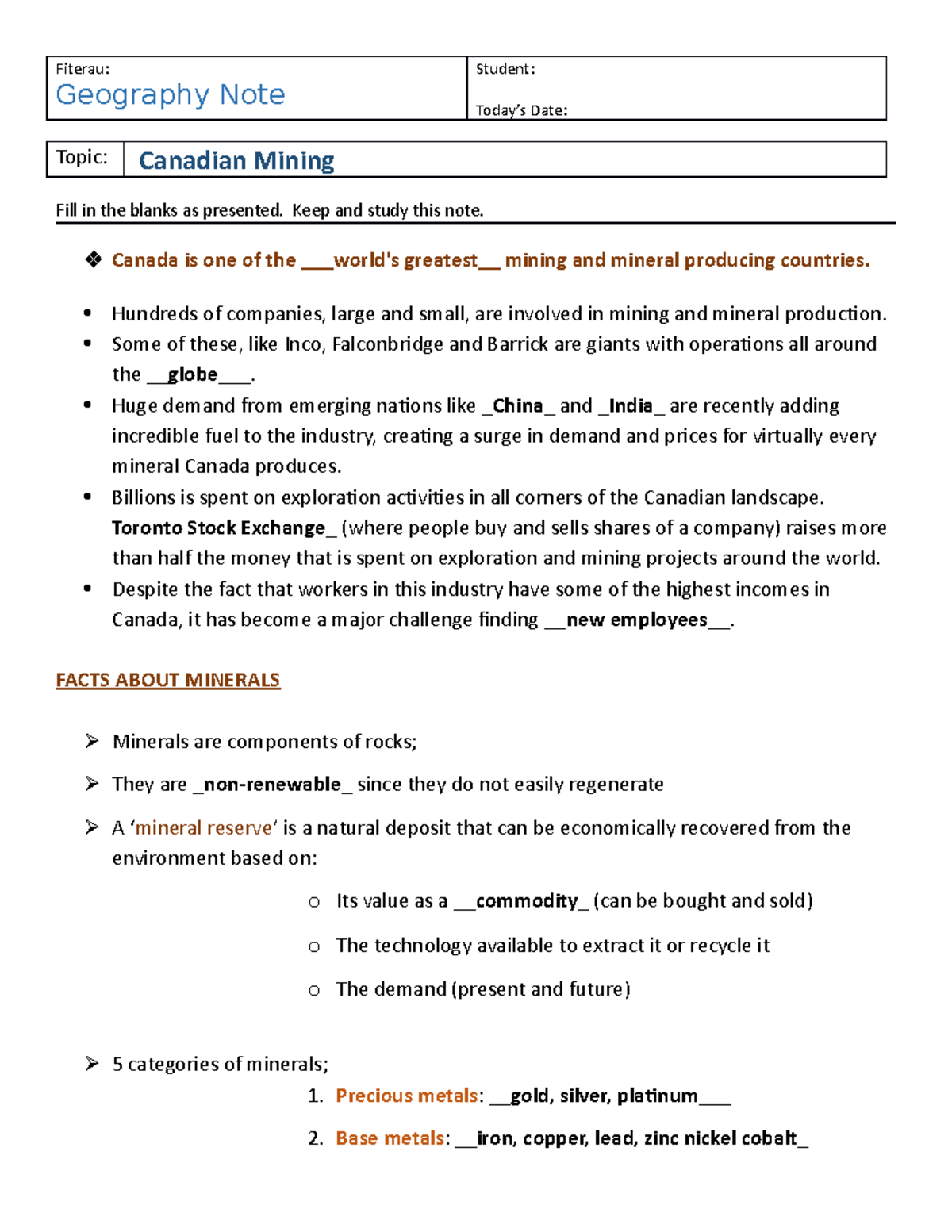 1 NOTE Mining in Canada Student - Fiterau: Geography Note Student ...