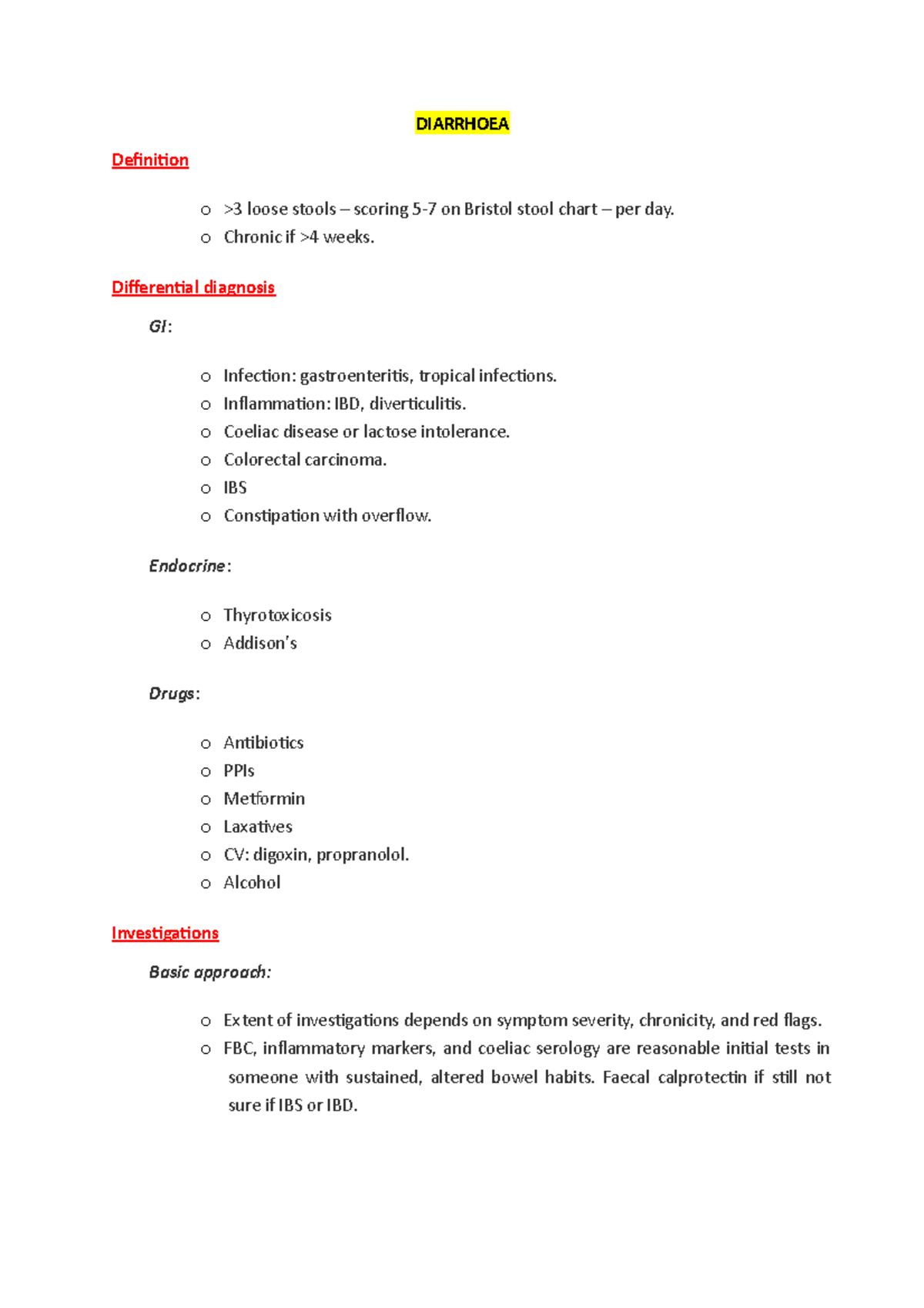 Diarrhoea - Lecture notes 1 - DIARRHOEA Definition o >3 loose stools ...