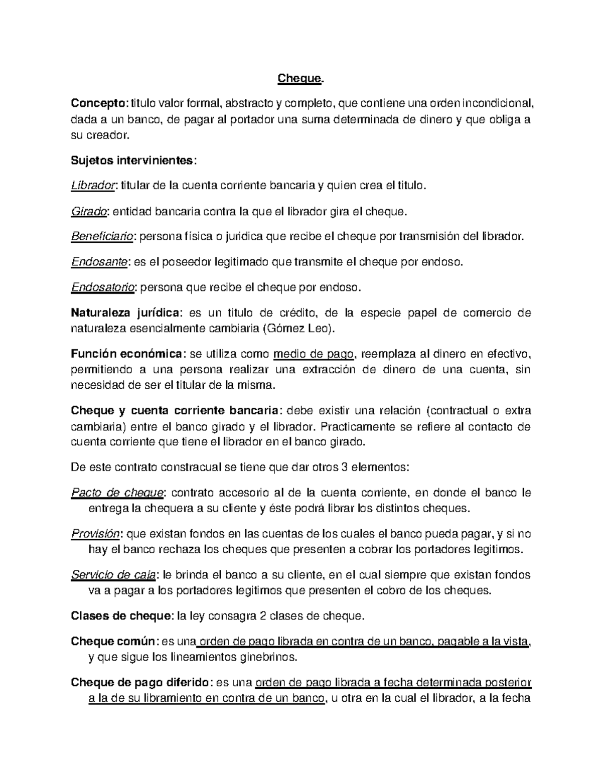 Cheque - Resumen ley y guía. - Cheque. Concepto : titulo valor formal ...