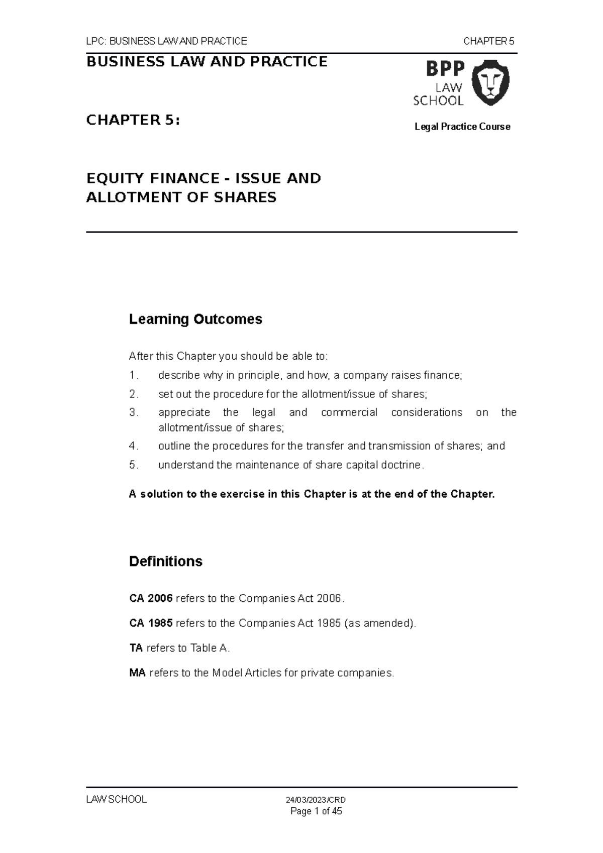 BLP Chapter 5 2021-22 - LPC: BUSINESS LAW AND PRACTICE CHAPTER 5 ...