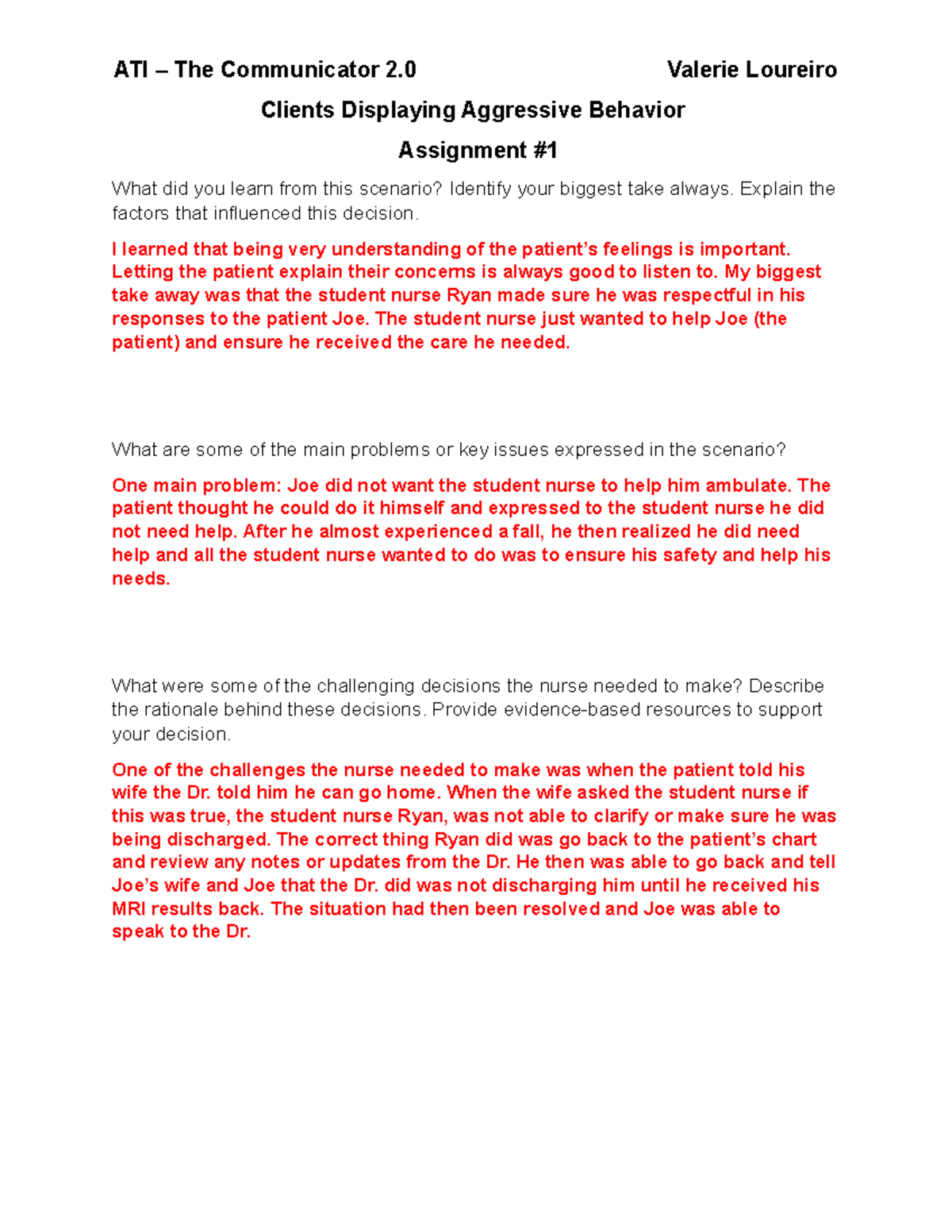 Clients Displaying Aggressive Behavior Assignment - ATI – The ...