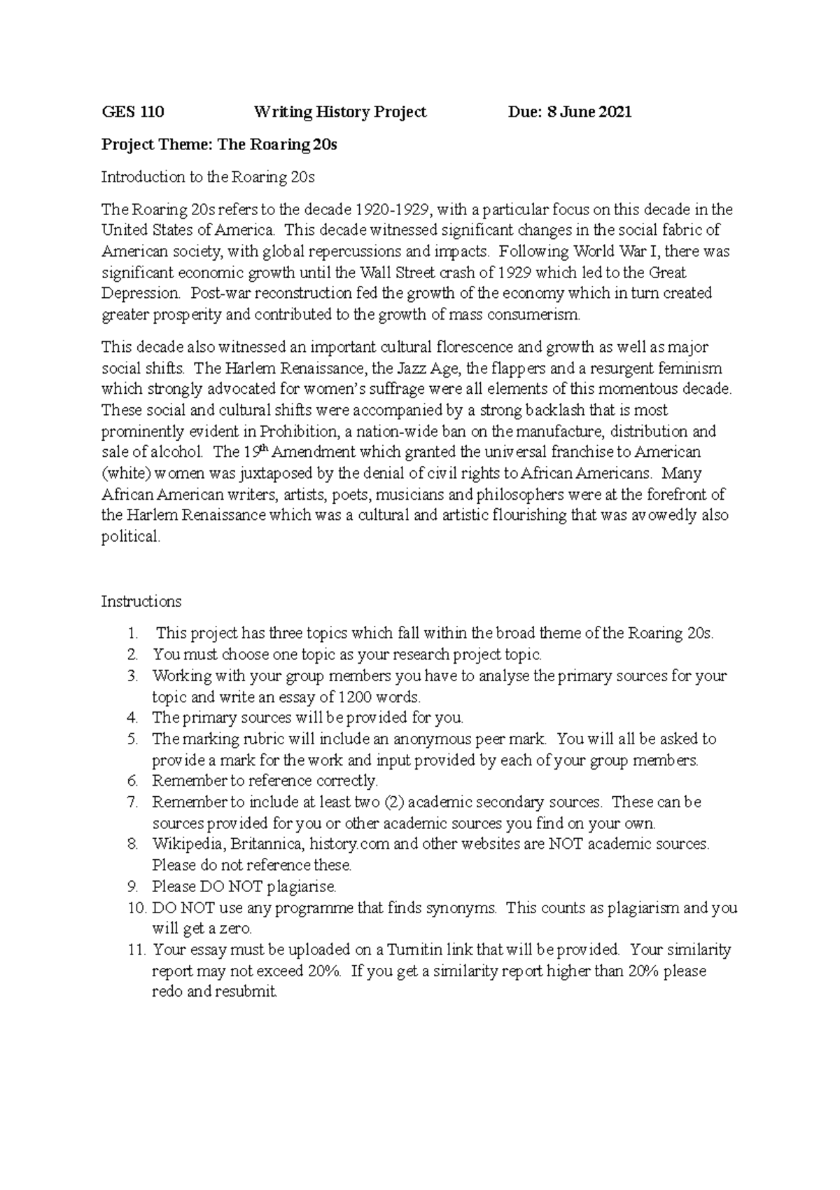 GES 110 Writing History Project Topics - GES 110 Writing History ...