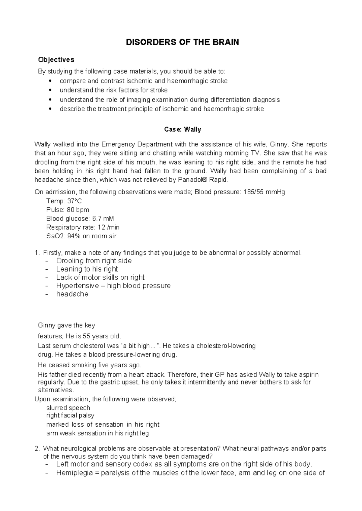 Brain patho worksheet - week 5 - DISORDERS OF THE BRAIN Objectives By ...