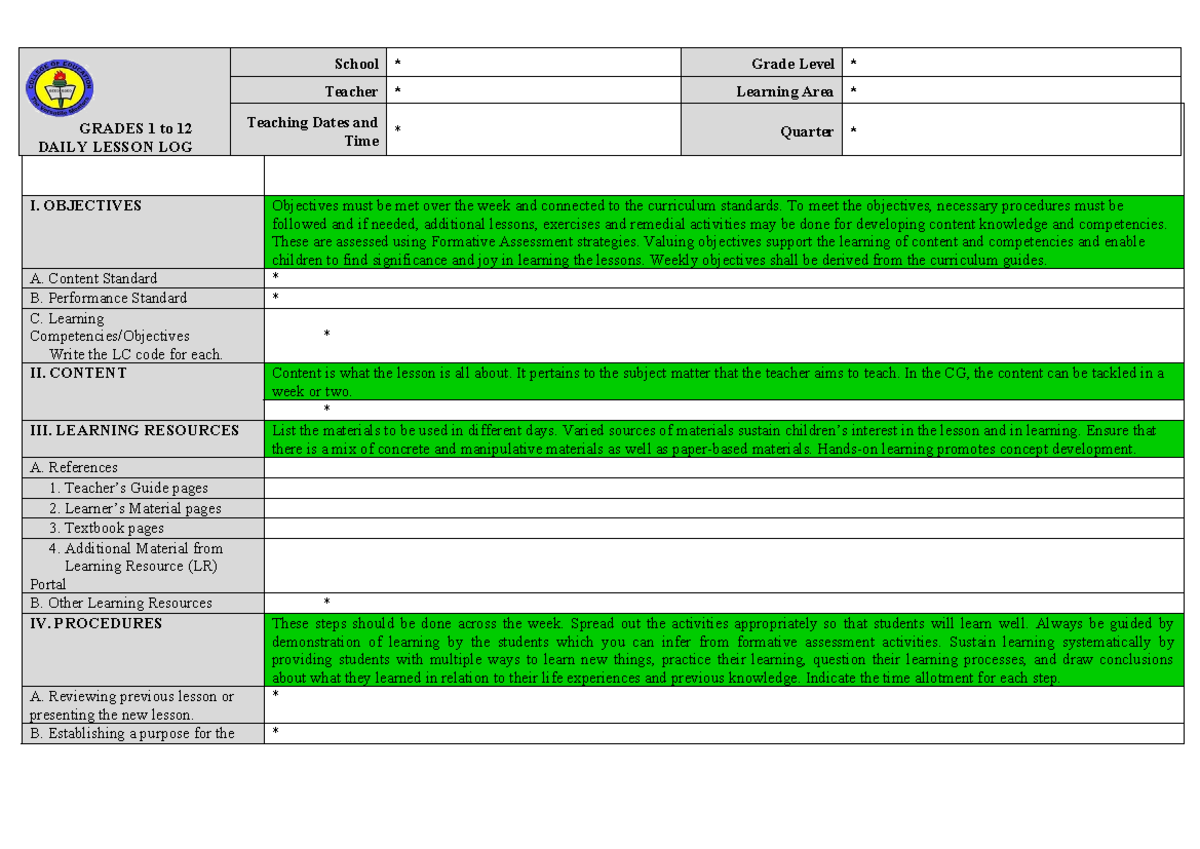 DLL- Template - Session 1 I. OBJECTIVES Objectives must be met over the ...