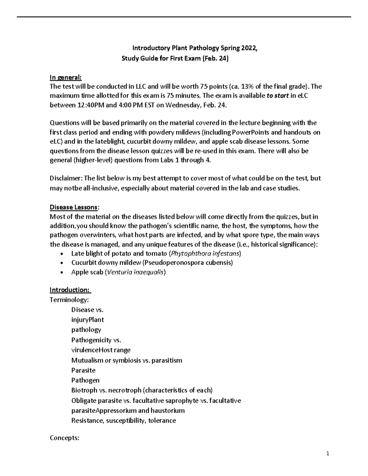 Pathology Study Guide first exam 1 - Introductory Plant Pathology ...