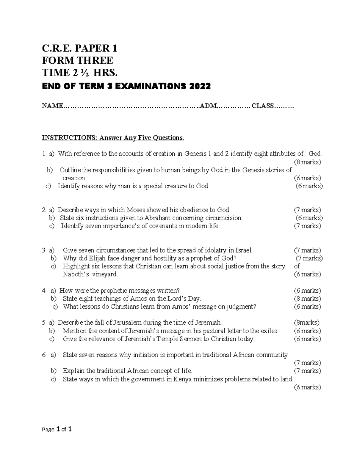 CRE-PP1-QN-1 - Time managing revision material - C.R. PAPER 1 FORM THREE TIME 2 ½ HRS. END OF ...