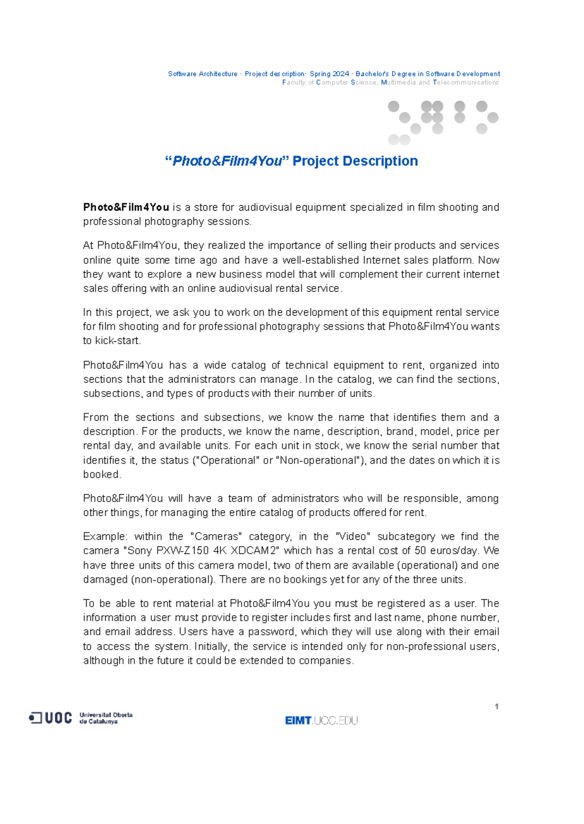 “Photo&Film4You” Project Description - Software Architecture · Project ...