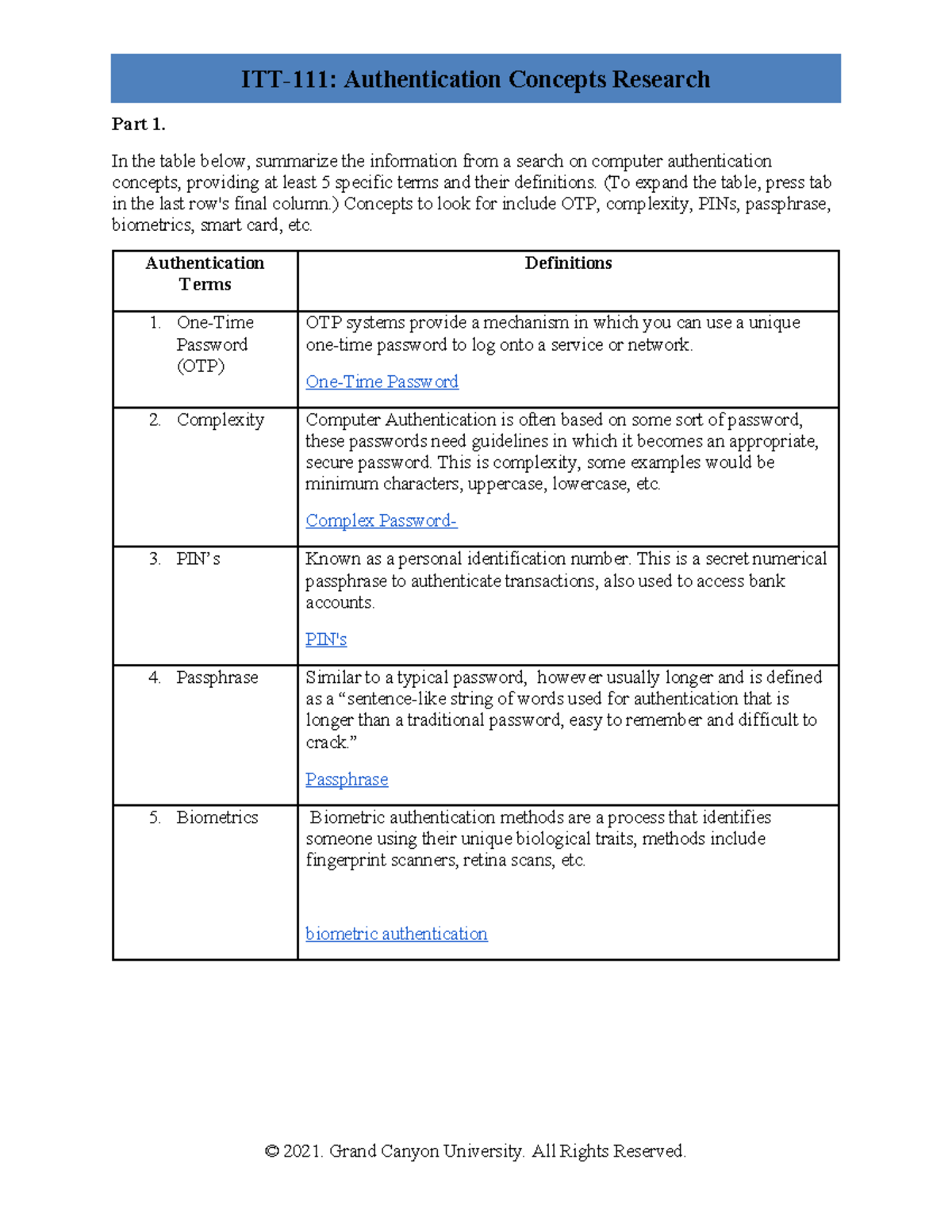 CLC-Authentication Concepts research - Part 1. In the table below ...