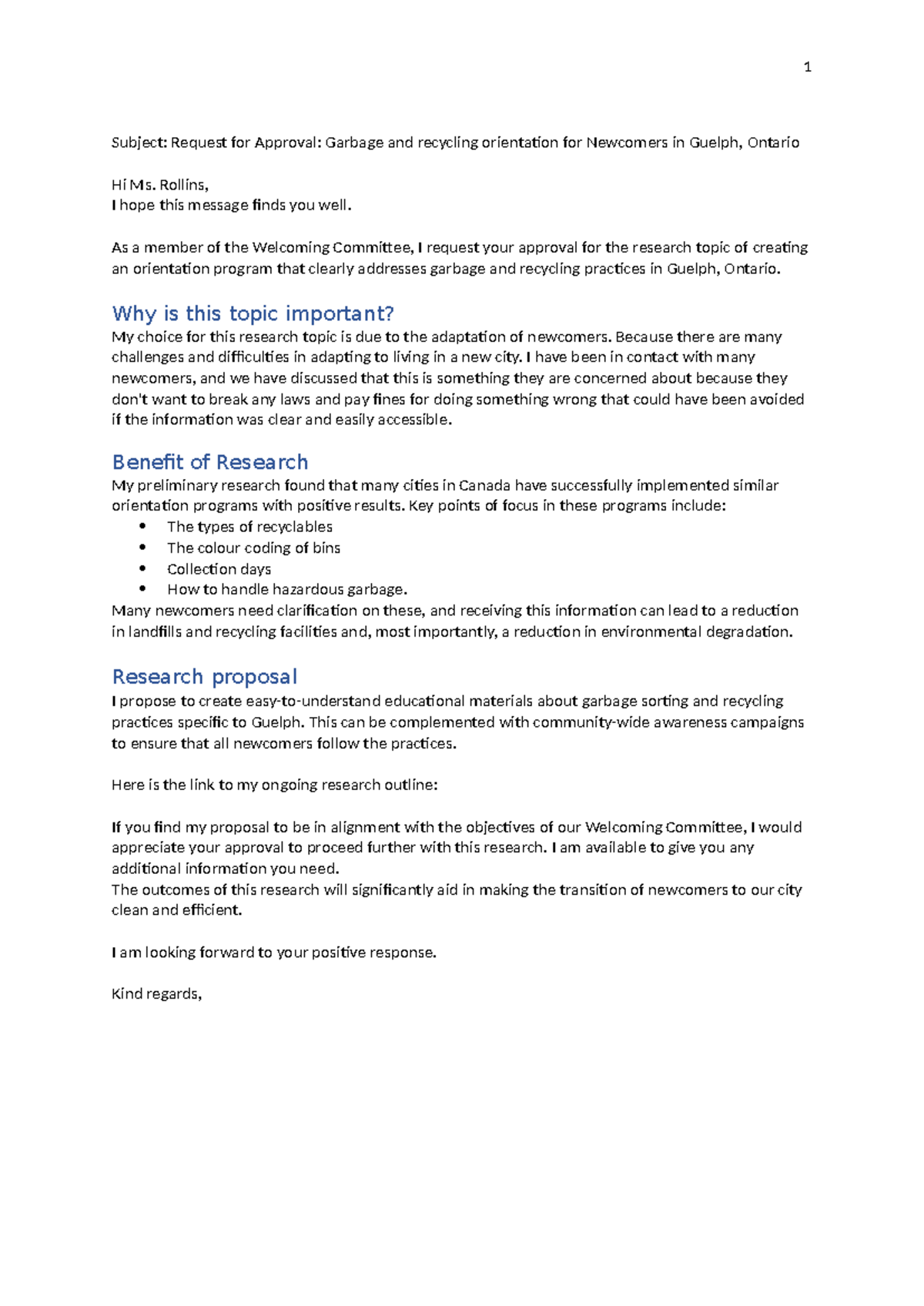 Persuasive Proposal Assignment - 1 Subject: Request for Approval ...