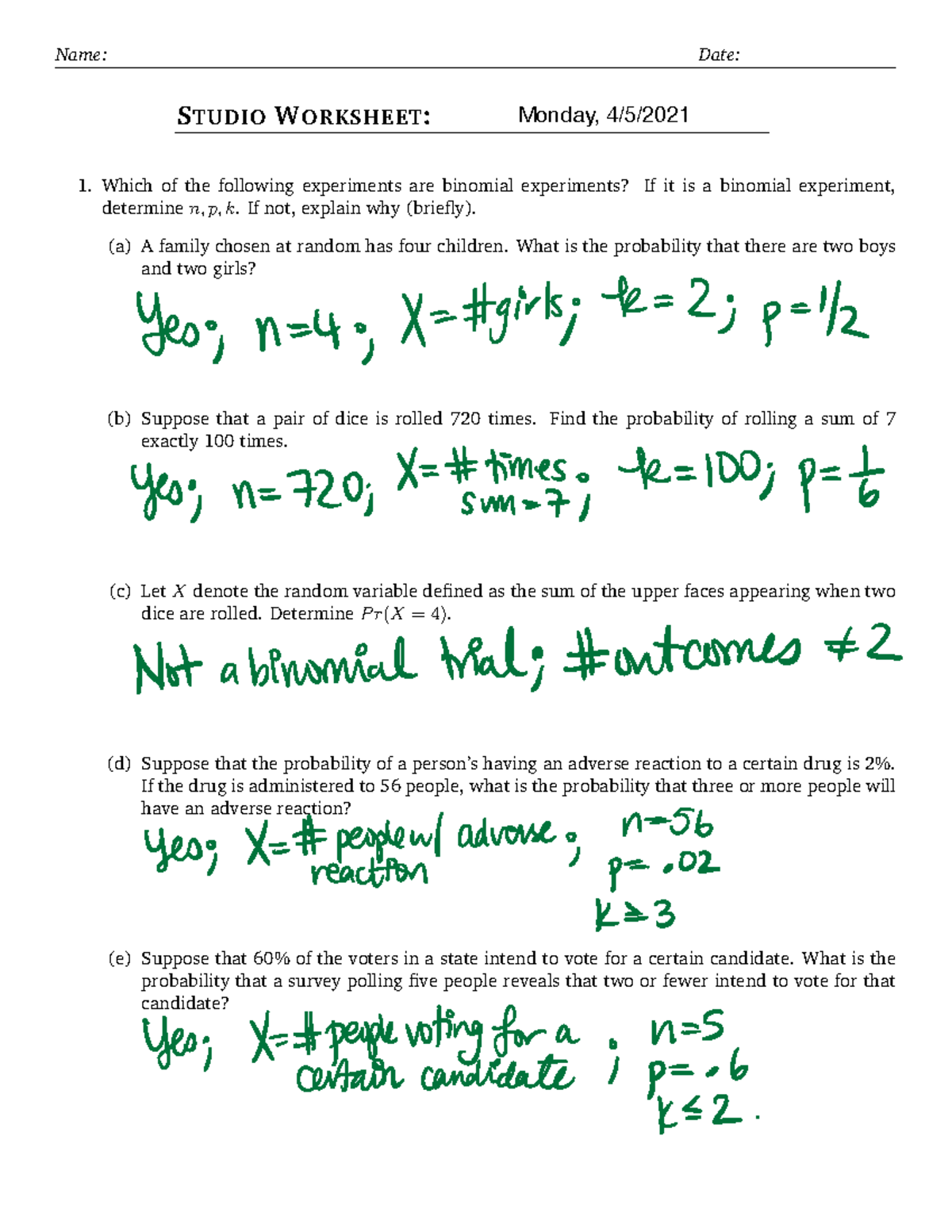 Studio 23 worksheet Solutions - Name: Date: STUDIO WORKSHEET:WEDNESDAY ...