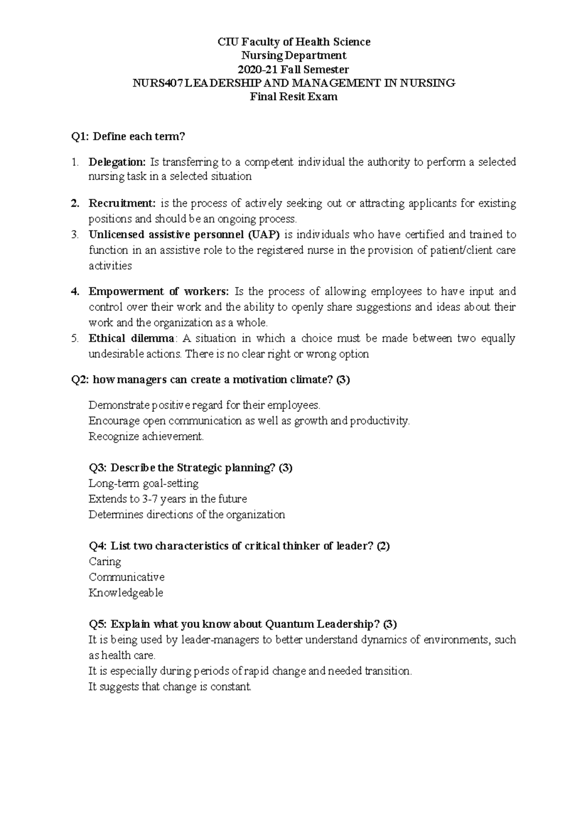 Final risit leadership and management - CIU Faculty of Health Science ...