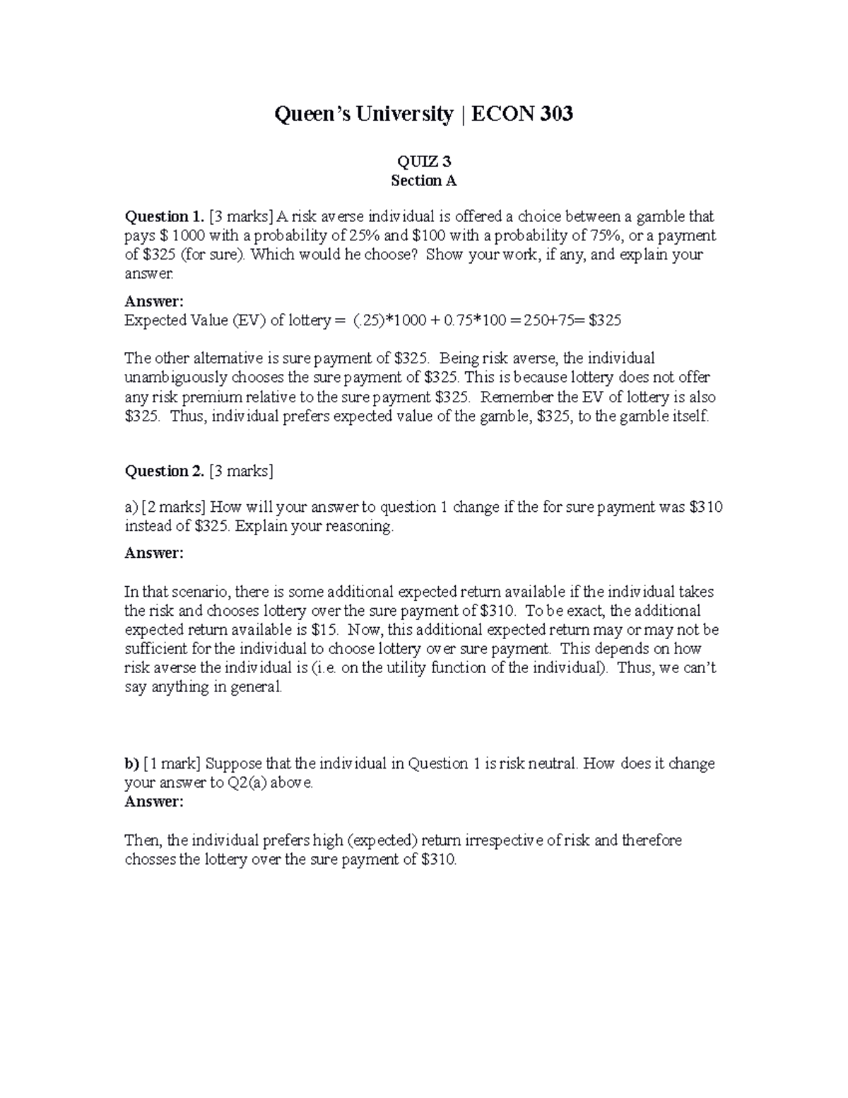 Practice Questions ECON303 Queens University - Queen’s University ...