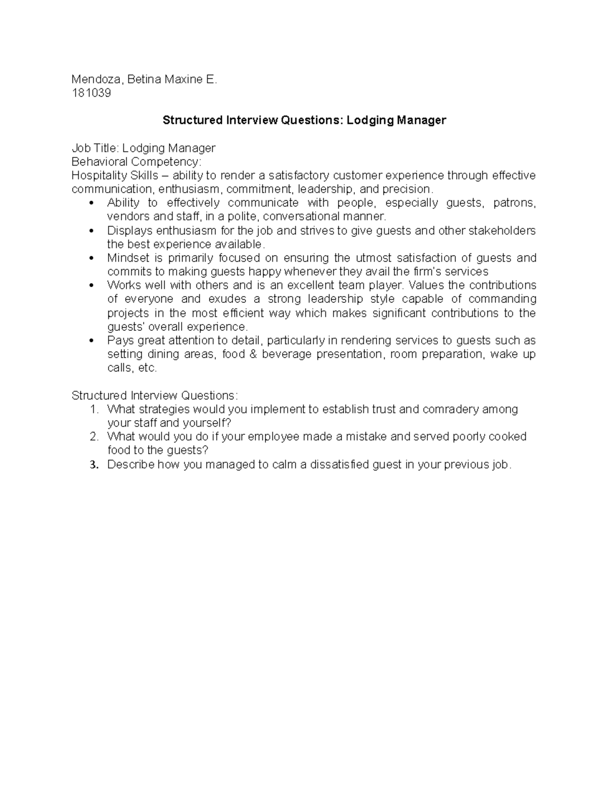 Structured Interview Mendoza - Mendoza, Betina Maxine E. 181039 ...