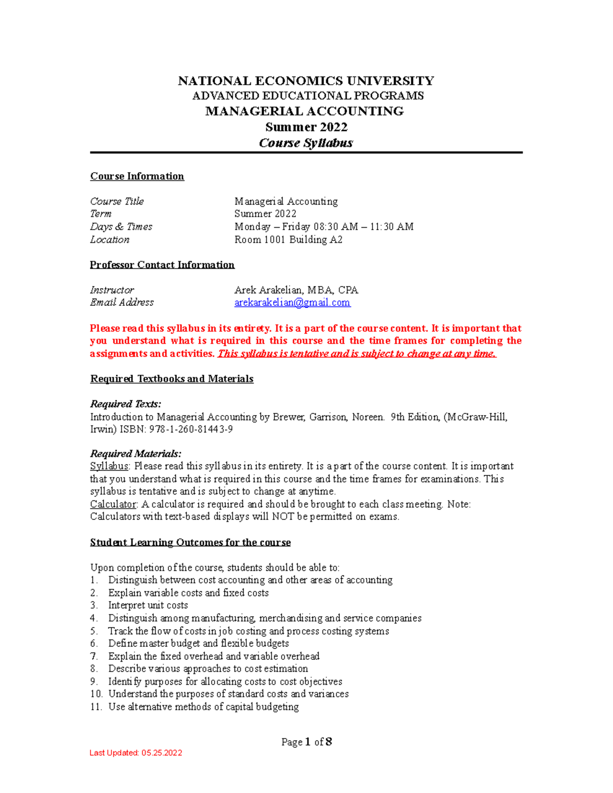 Syllabus - Managerial Accounting Summer 2022 - NATIONAL ECONOMICS ...
